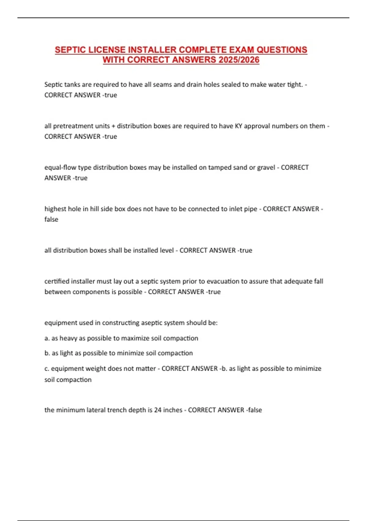 SEPTIC LICENSE INSTALLER COMPLETE EXAM QUESTIONS WITH CORRECT ANSWERS ...