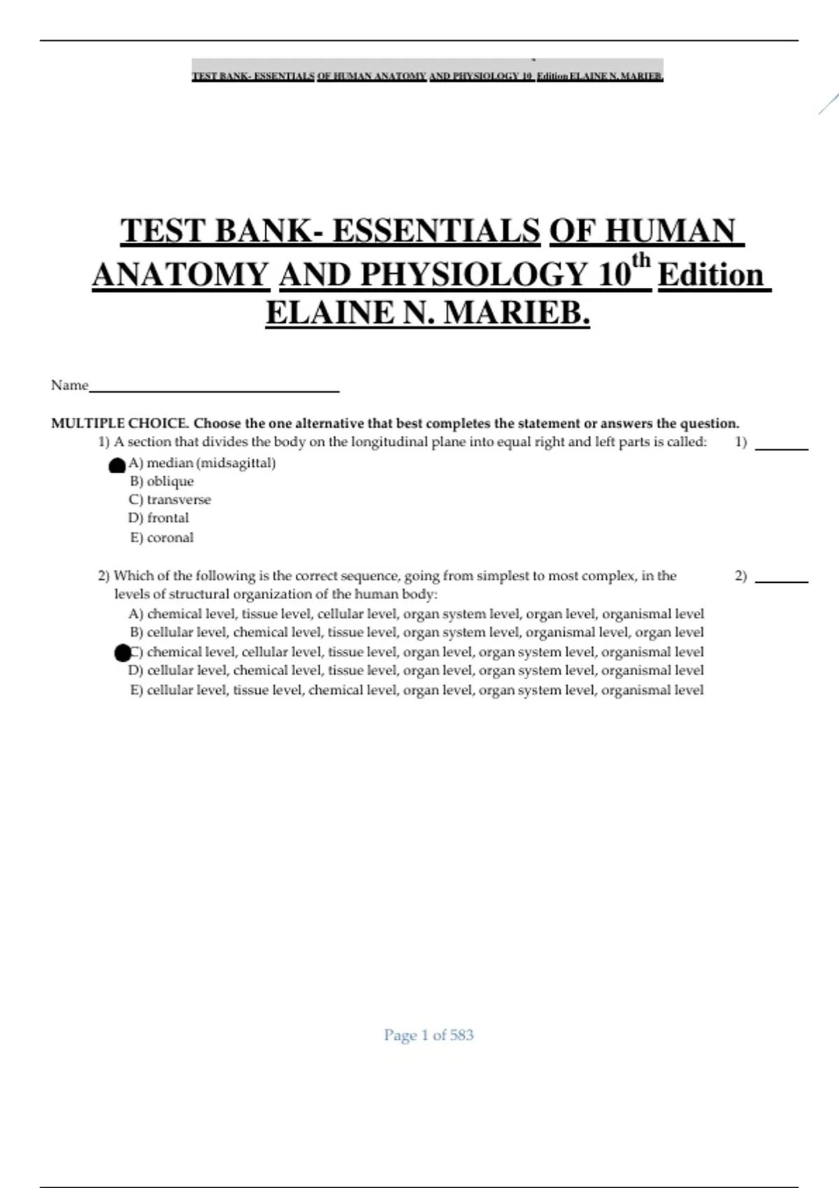 Test Bank for Essentials of Human Anatomy and Physiology, 10th Edition ...