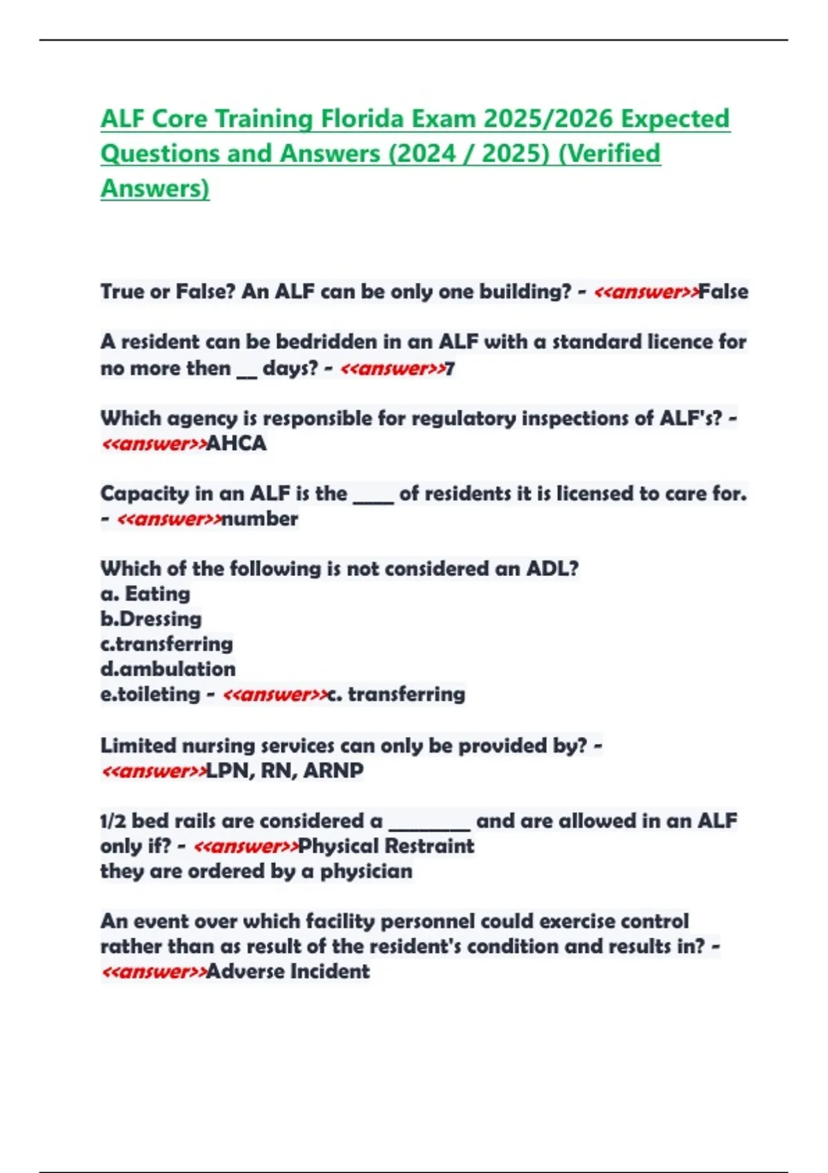 ALF Core Training Florida Exam 2025/2026 Expected Questions and Answers ...