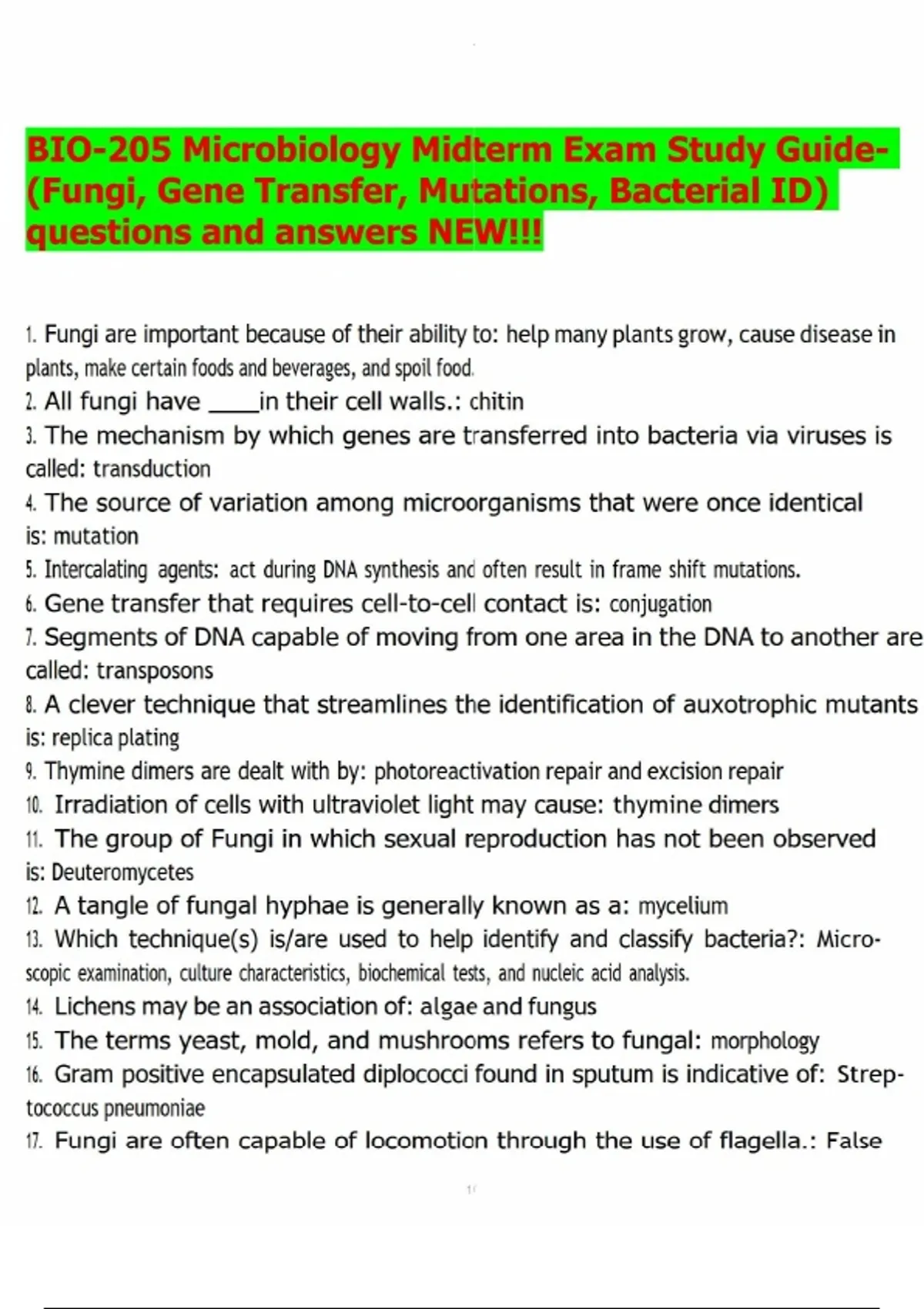 BIO-205 Microbiology Midterm Exam Study Guide- (Fungi, Gene Transfer, Mutations, Bacterial ID ...