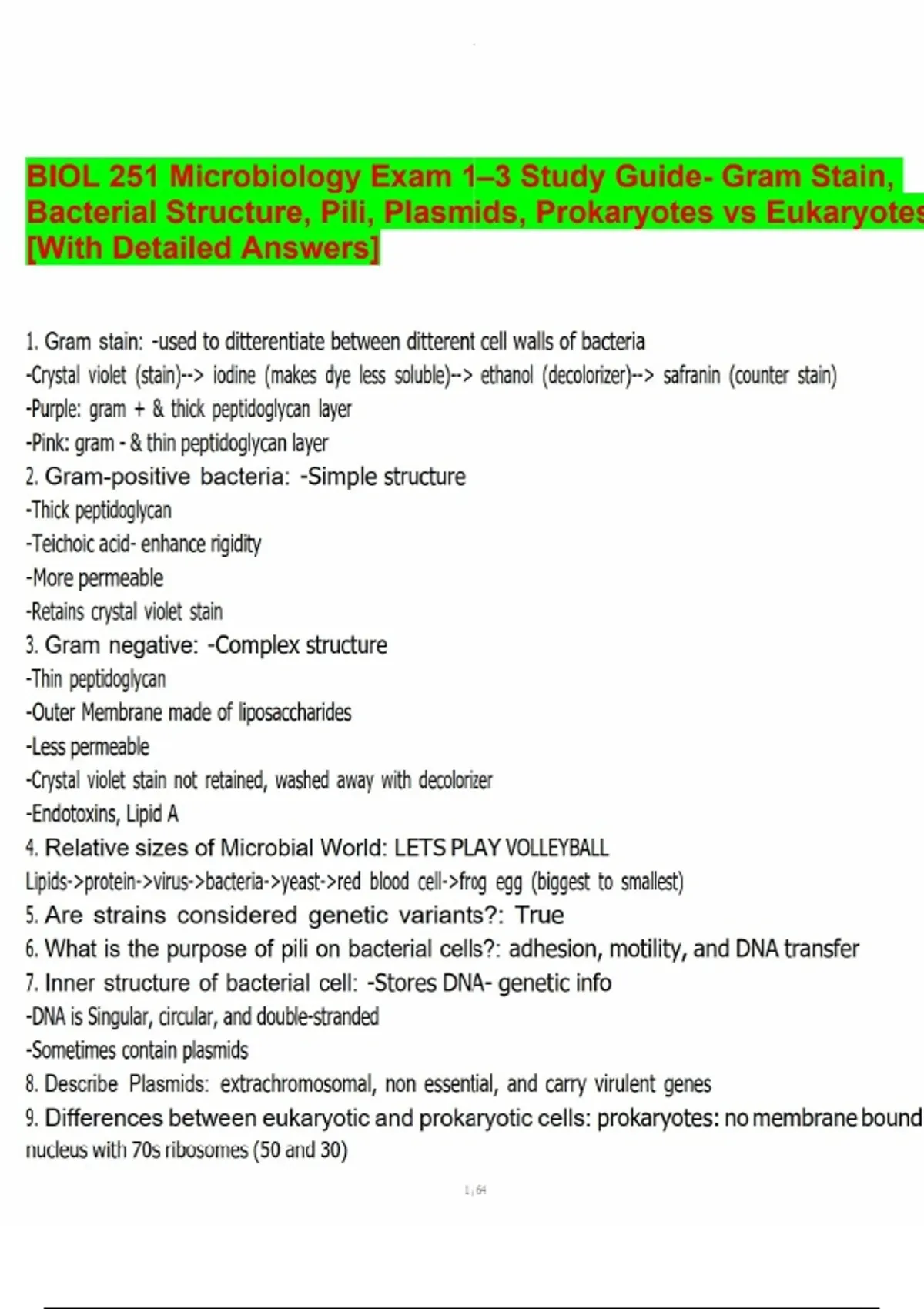 BIOL 251 Microbiology Exam 1–3 Study Guide- Gram Stain, Bacterial ...