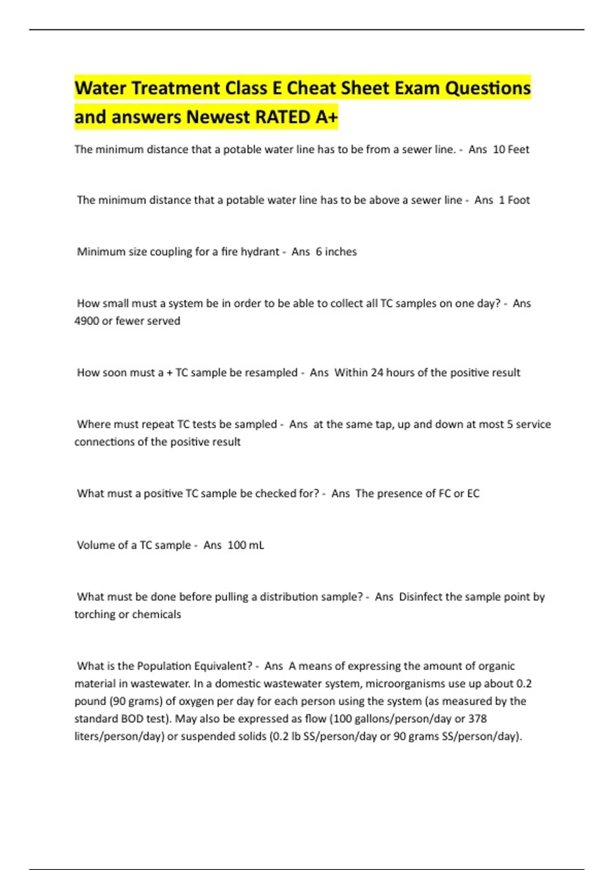 Water Treatment Class E Cheat Sheet Exam Questions and answers Newest ...