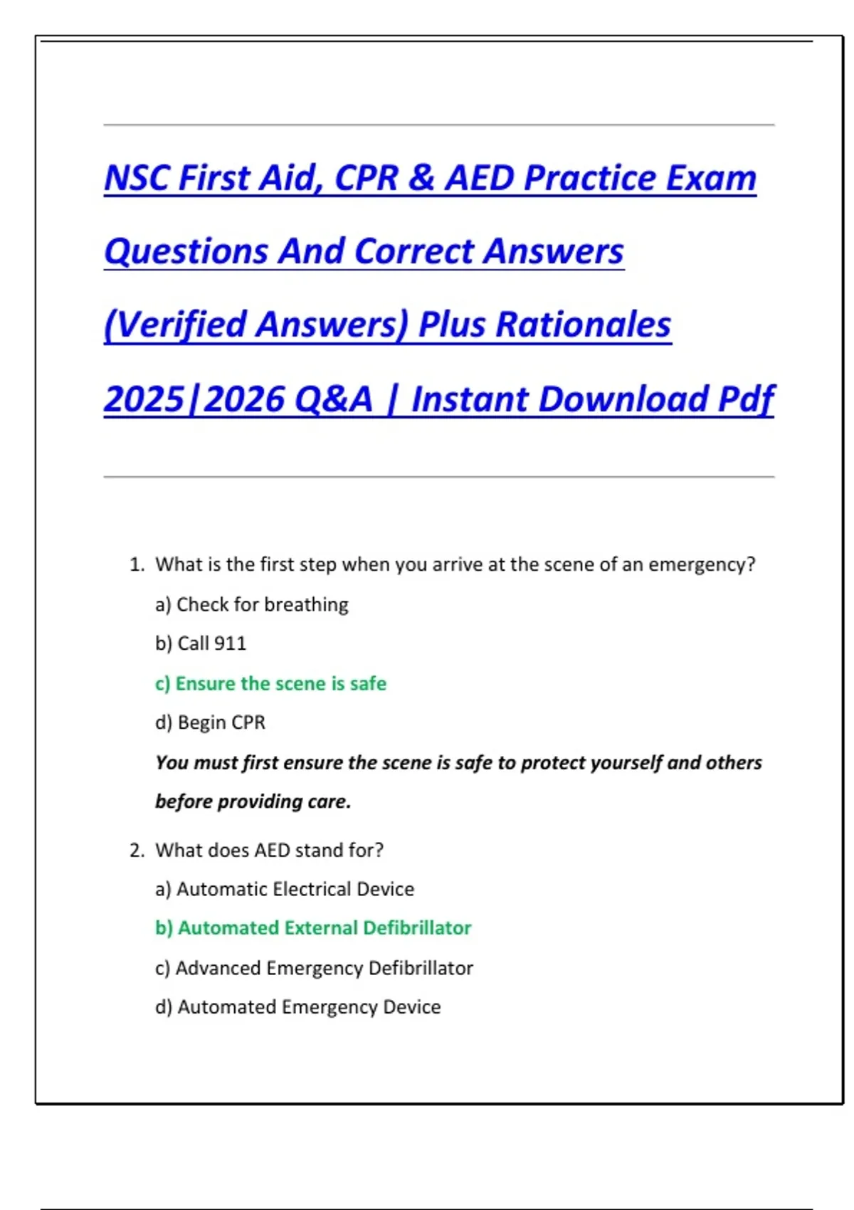 NSC First Aid, CPR & AED Practice Exam Questions And Correct Answers ...