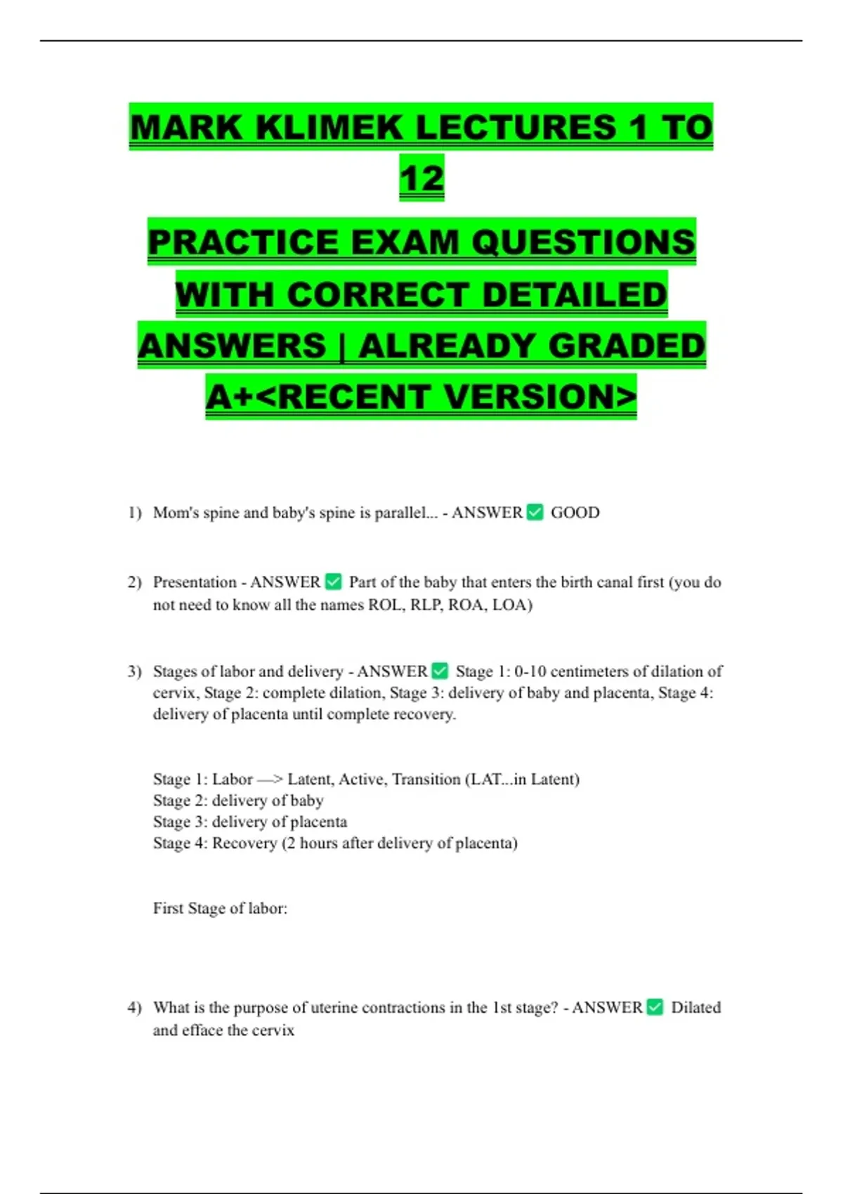 MARK KLIMEK LECTURES 1 TO 12 PRACTICE EXAM QUESTIONS WITH CORRECT ...