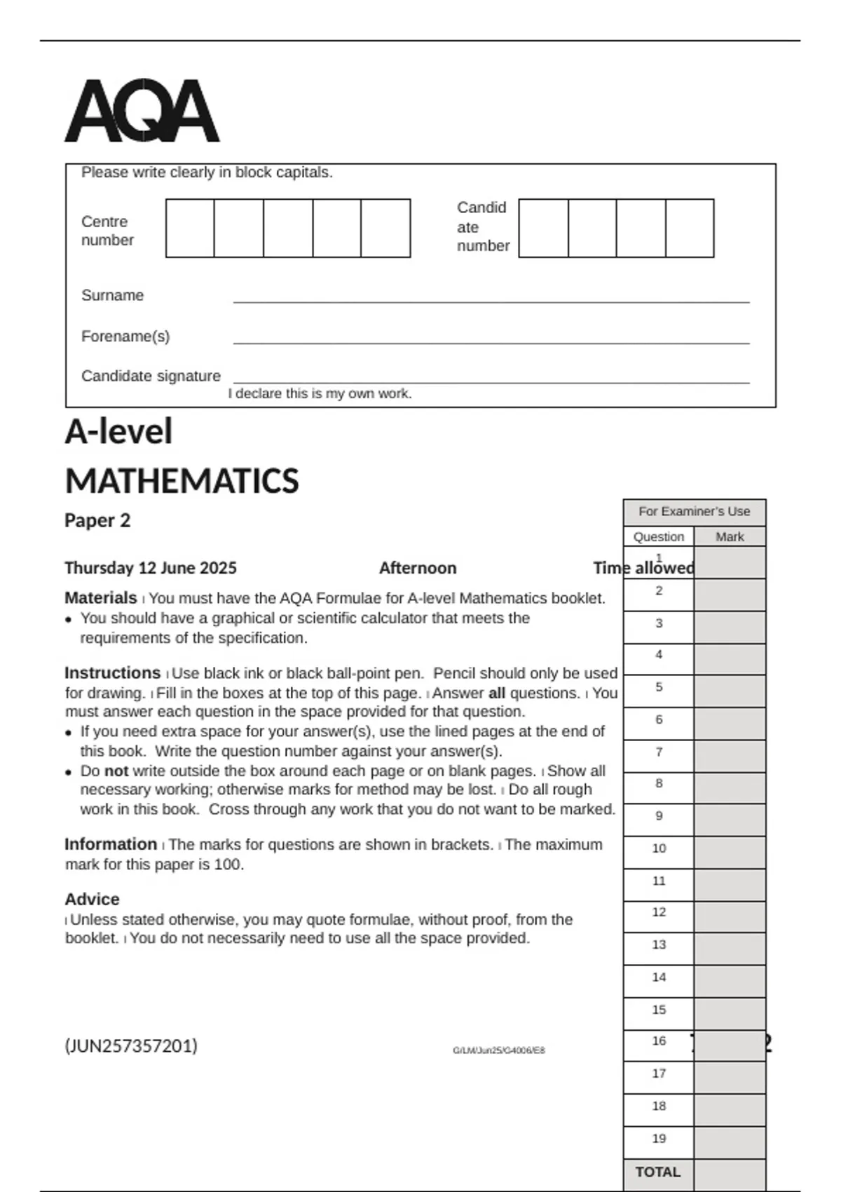 AQA A LEVEL MATHEMATICS PAPER 2 QUESTION PAPER 2025 (7357/2) - AQA A ...