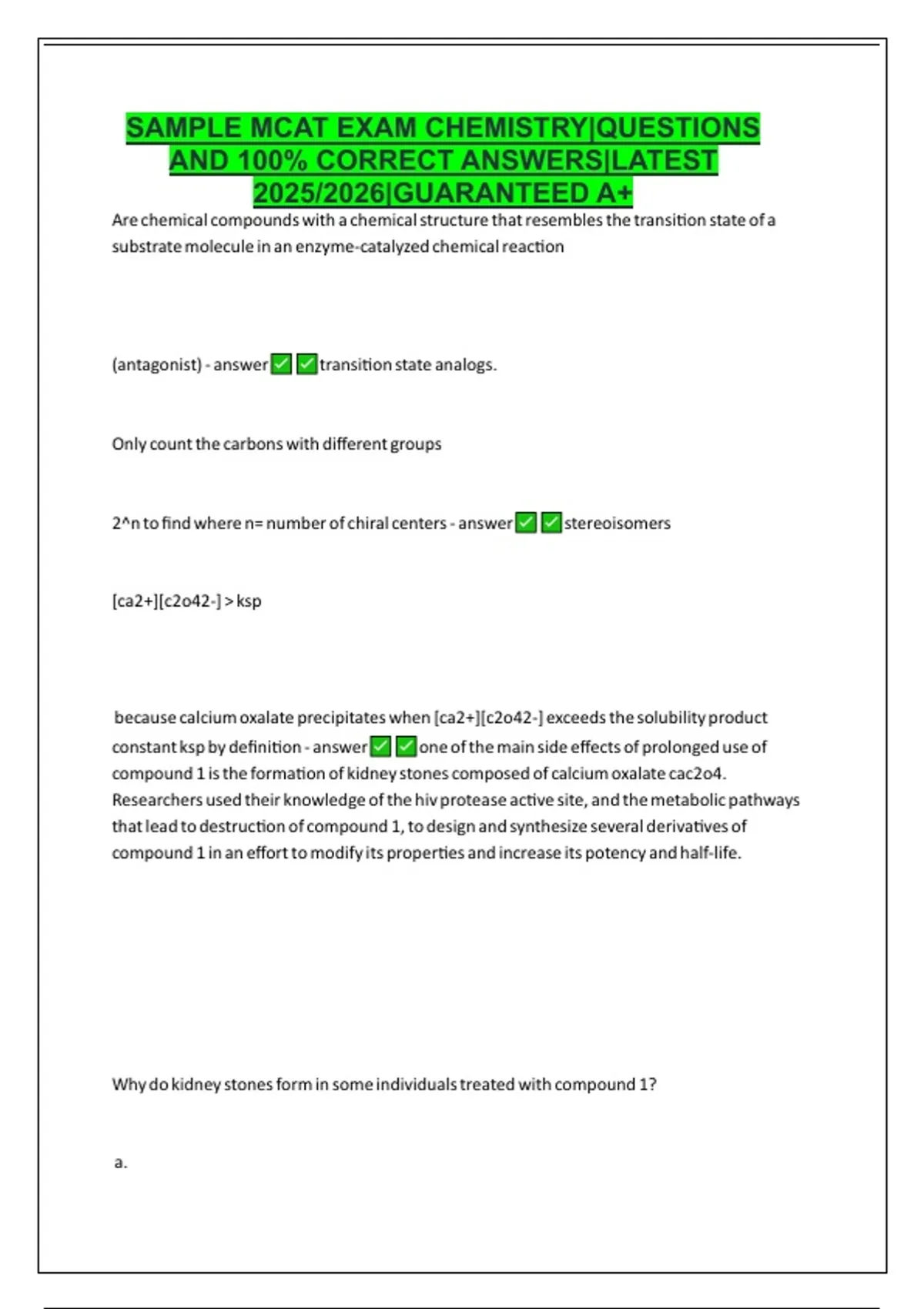 SAMPLE MCAT EXAM CHEMISTRY|QUESTIONS AND 100% CORRECT ANSWERS|LATEST ...