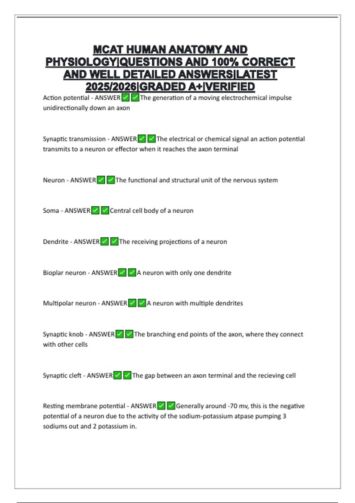 MCAT HUMAN ANATOMY AND PHYSIOLOGY|QUESTIONS AND 100% CORRECT AND WELL ...