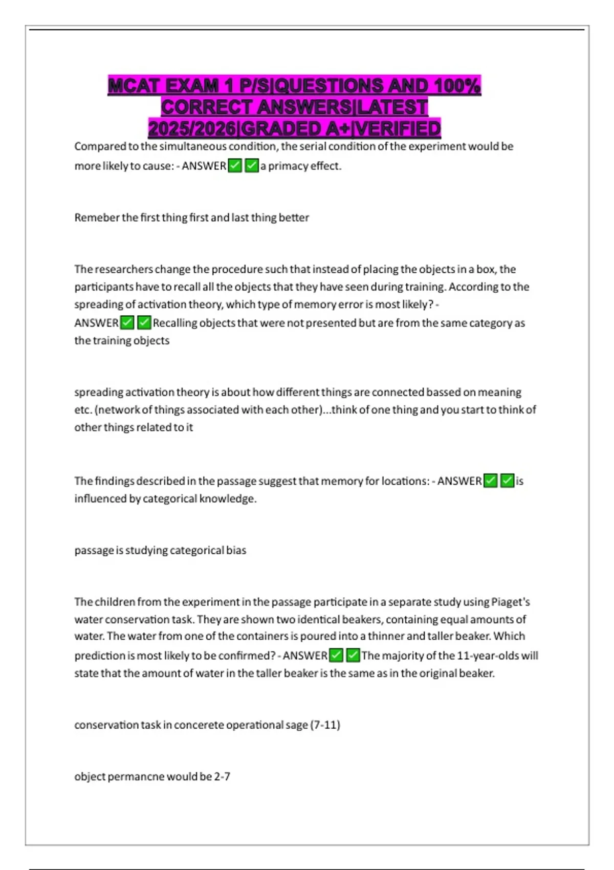 MCAT EXAM 1 P/S|QUESTIONS AND 100% CORRECT ANSWERS|LATEST 2025/2026 ...