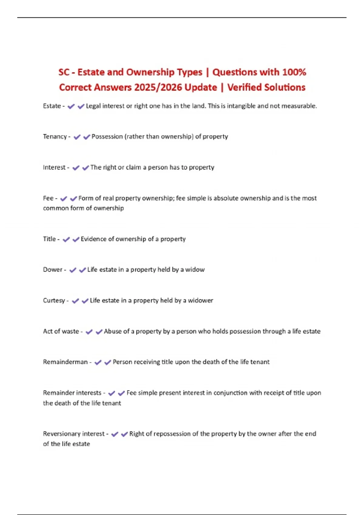 SC - Estate and Ownership Types | Questions with 100% Correct Answers ...