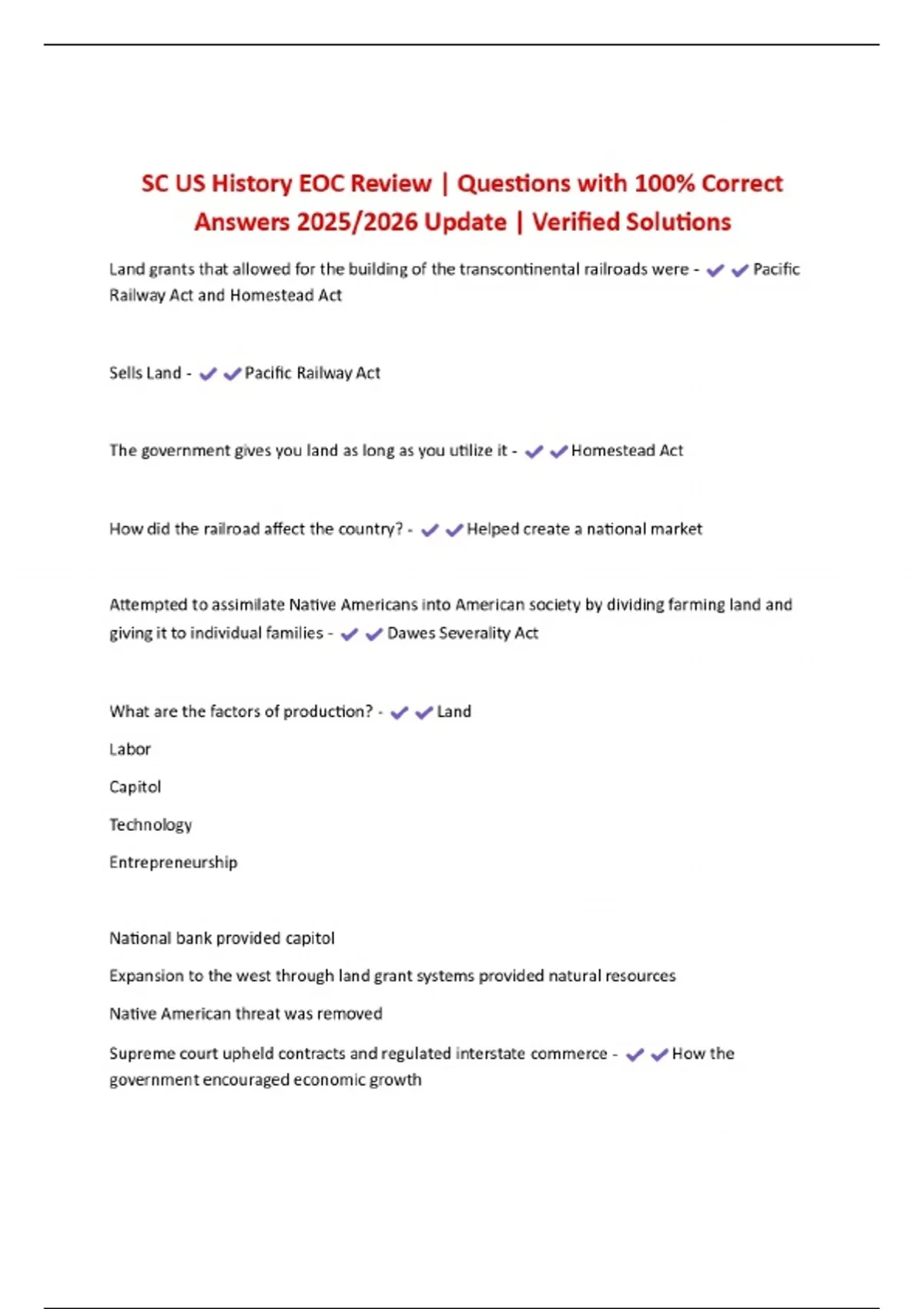 SC US History EOC Review | Questions with 100% Correct Answers 2025/ ...