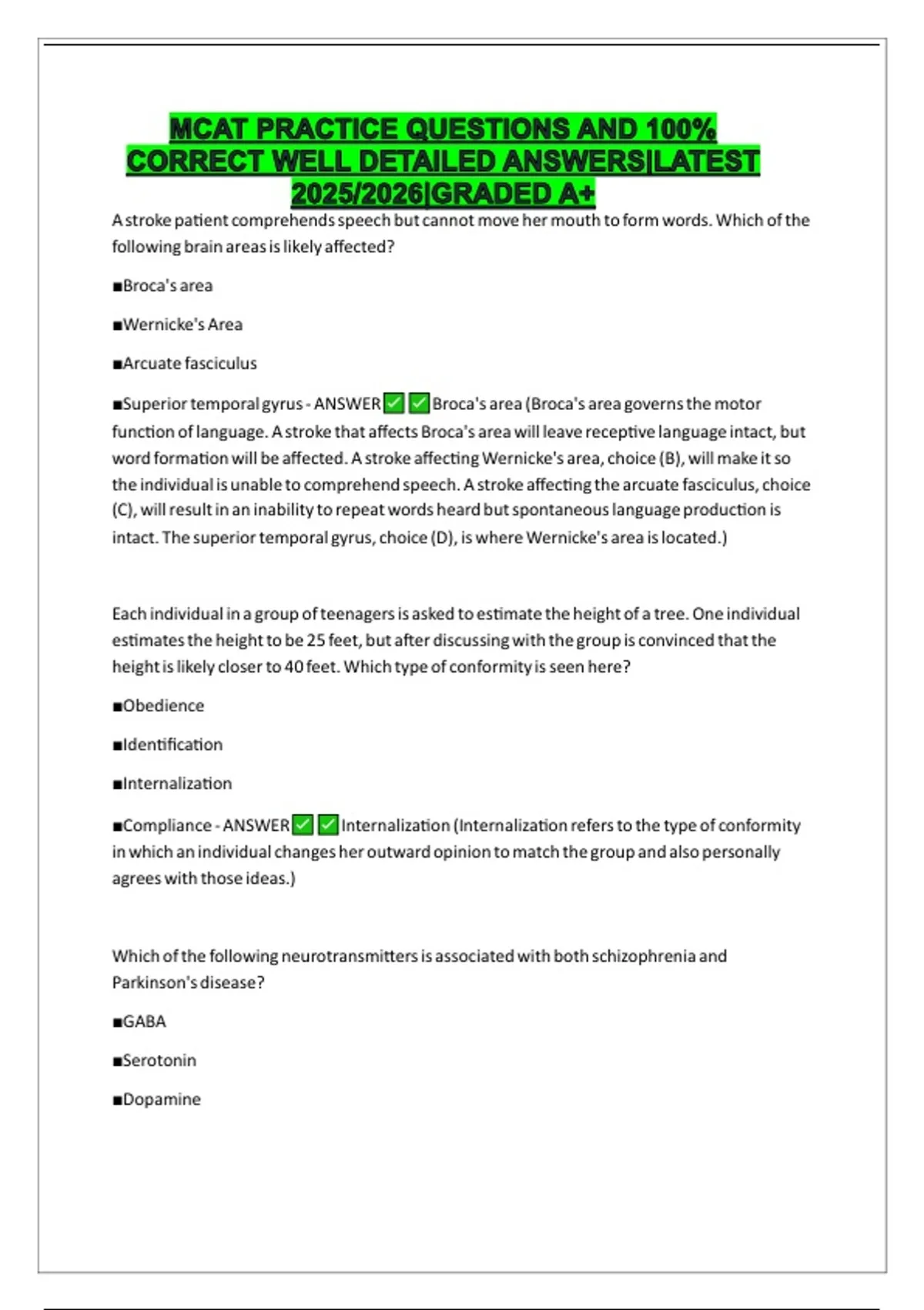 MCAT PRACTICE QUESTIONS AND 100% CORRECT WELL DETAILED ANSWERS|LATEST ...