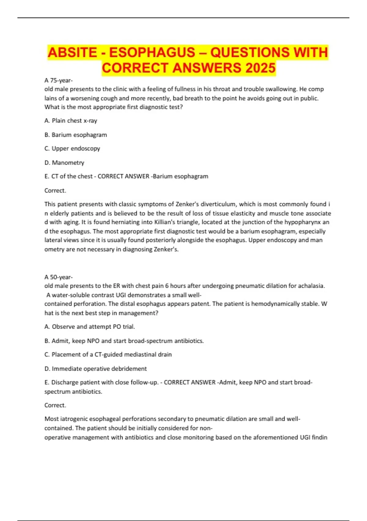 ABSITE – Esophagus Questions with Correct Answers | 2025 ...