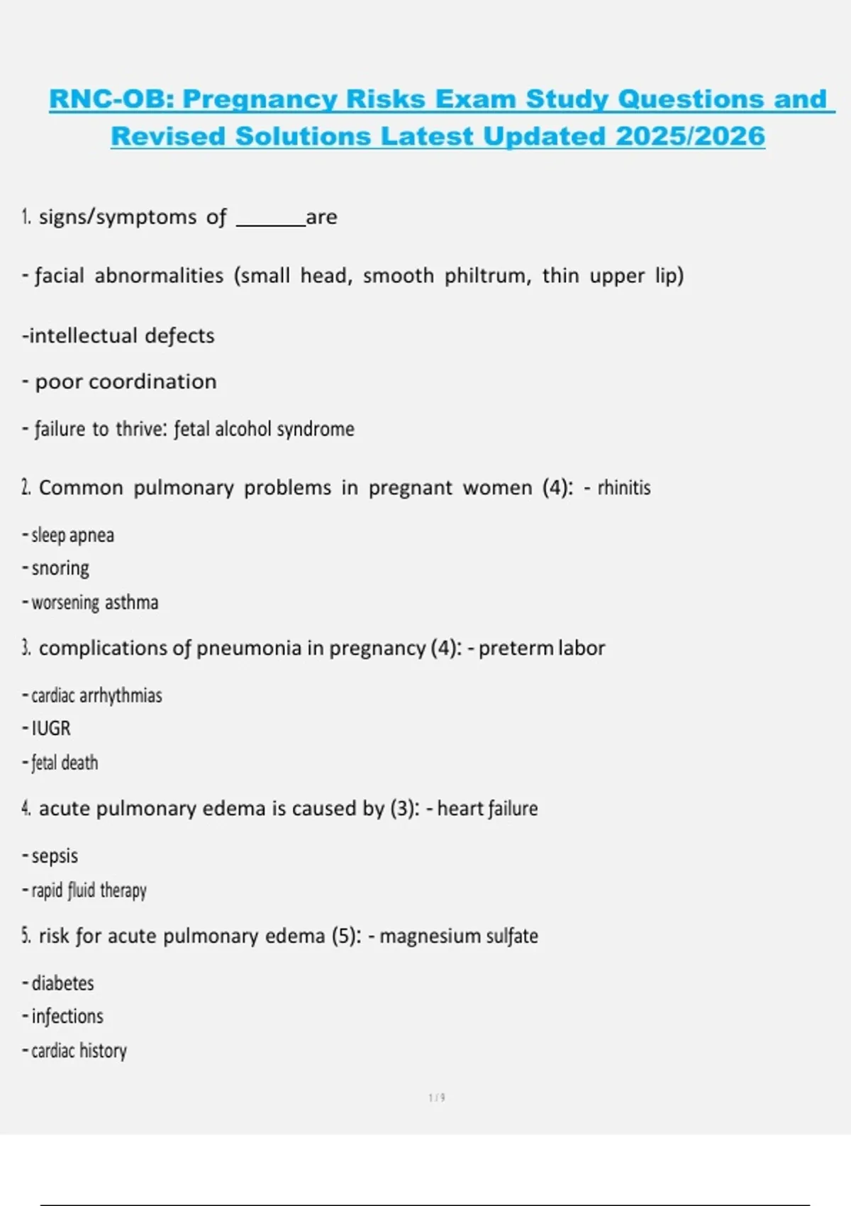 RNC-OB: Pregnancy Risks Exam – Study Questions and Revised Solutions ...