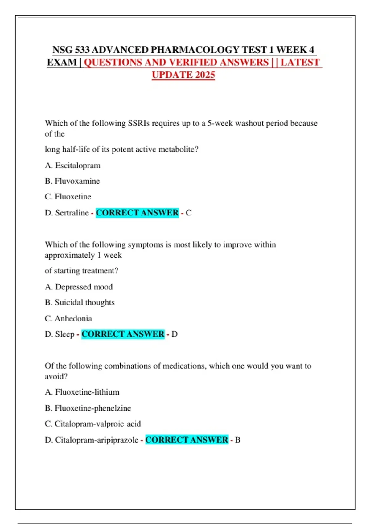 NSG 533 ADVANCED PHARMACOLOGY TEST 1 WEEK 4 EXAM | QUESTIONS AND ...
