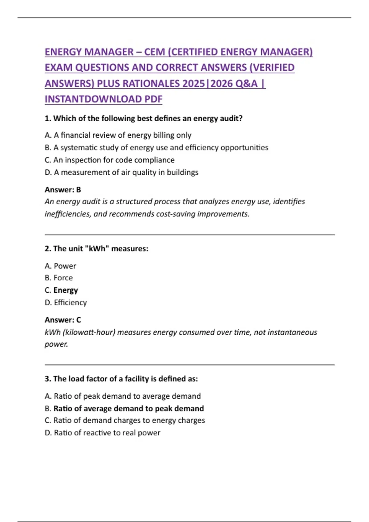 ENERGY MANAGER – CEM (CERTIFIED ENERGY MANAGER) EXAM QUESTIONS AND ...