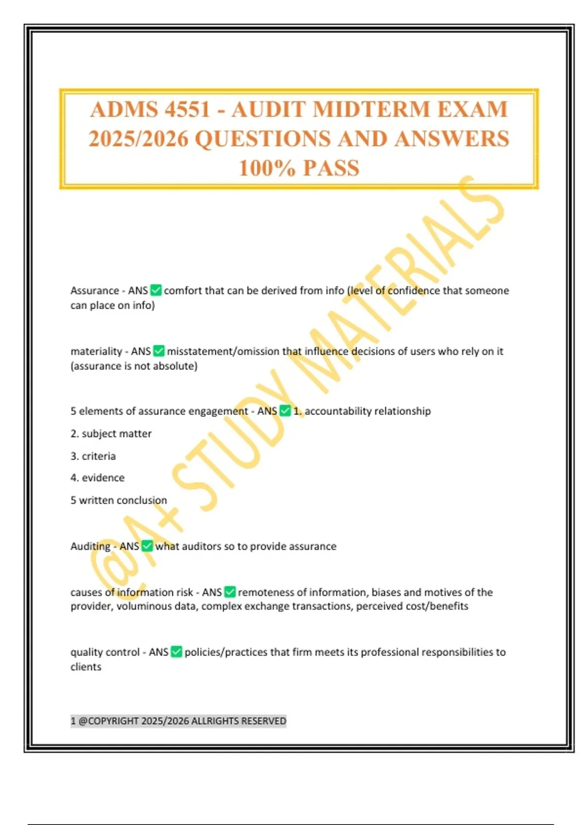 ADMS 4551 - AUDIT MIDTERM EXAM 2025/2026 QUESTIONS AND ANSWERS 100% ...