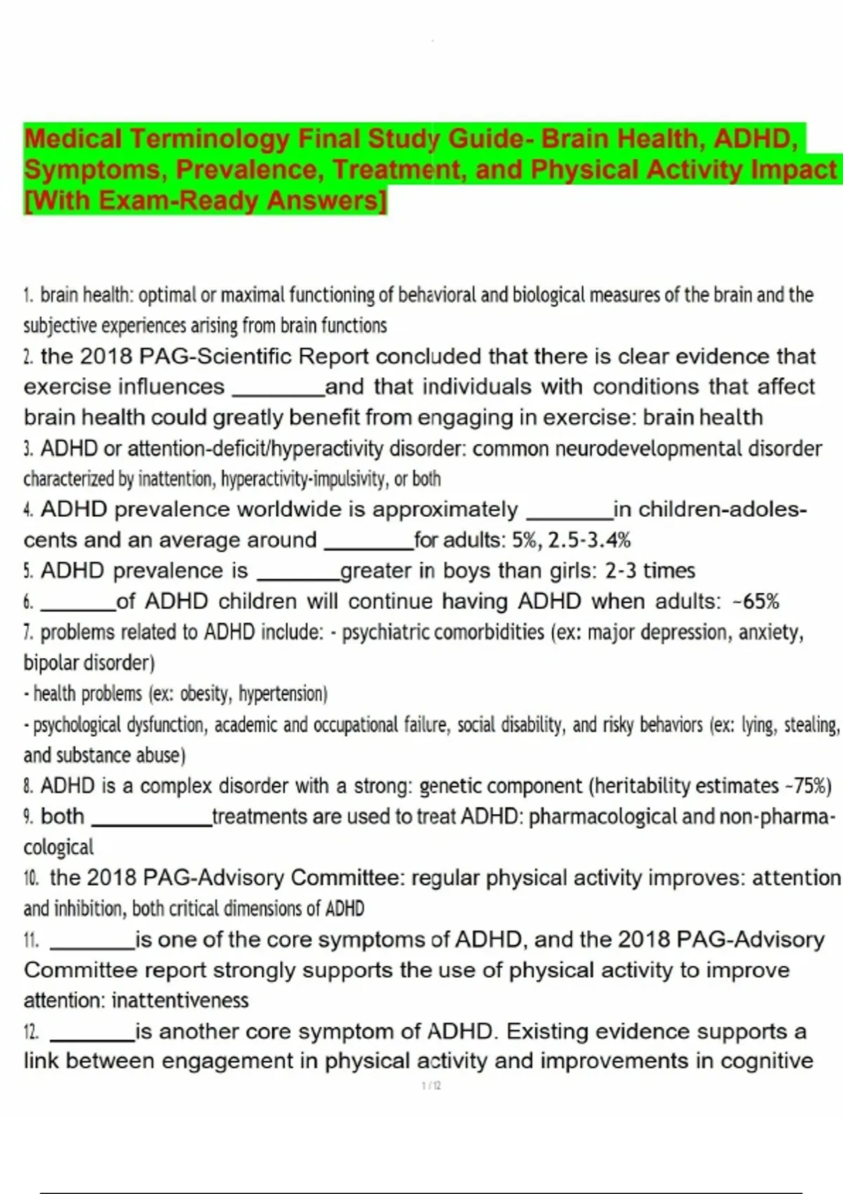 Medical Terminology Final Study Guide- Brain Health, ADHD, Symptoms ...