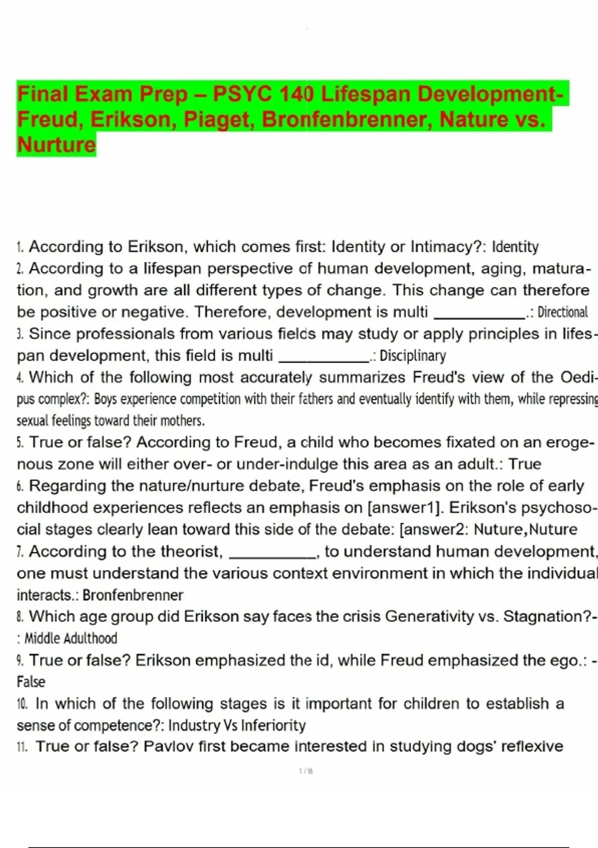 Final Exam Prep – PSYC 140 Lifespan Development- Freud, Erikson, Piaget ...