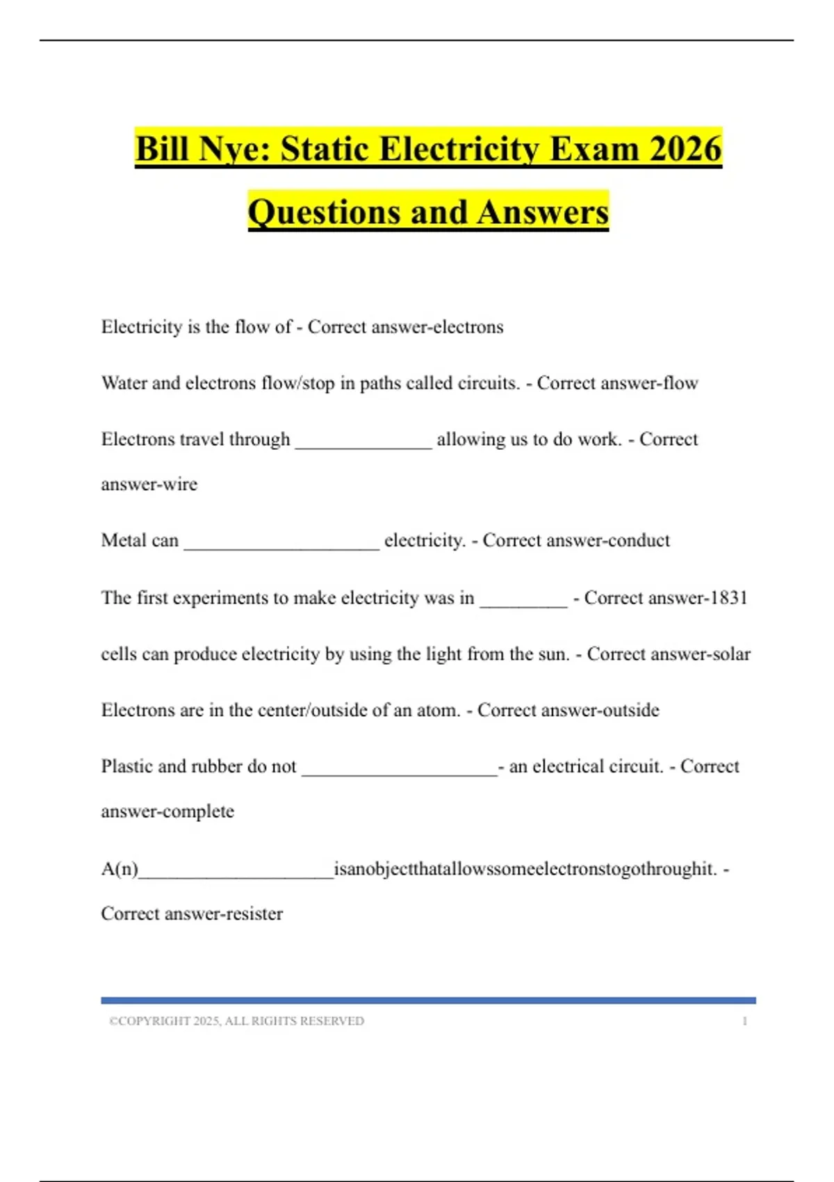 Bill Nye: Static Electricity Exam 2026 Questions and Answers - Bill Nye ...