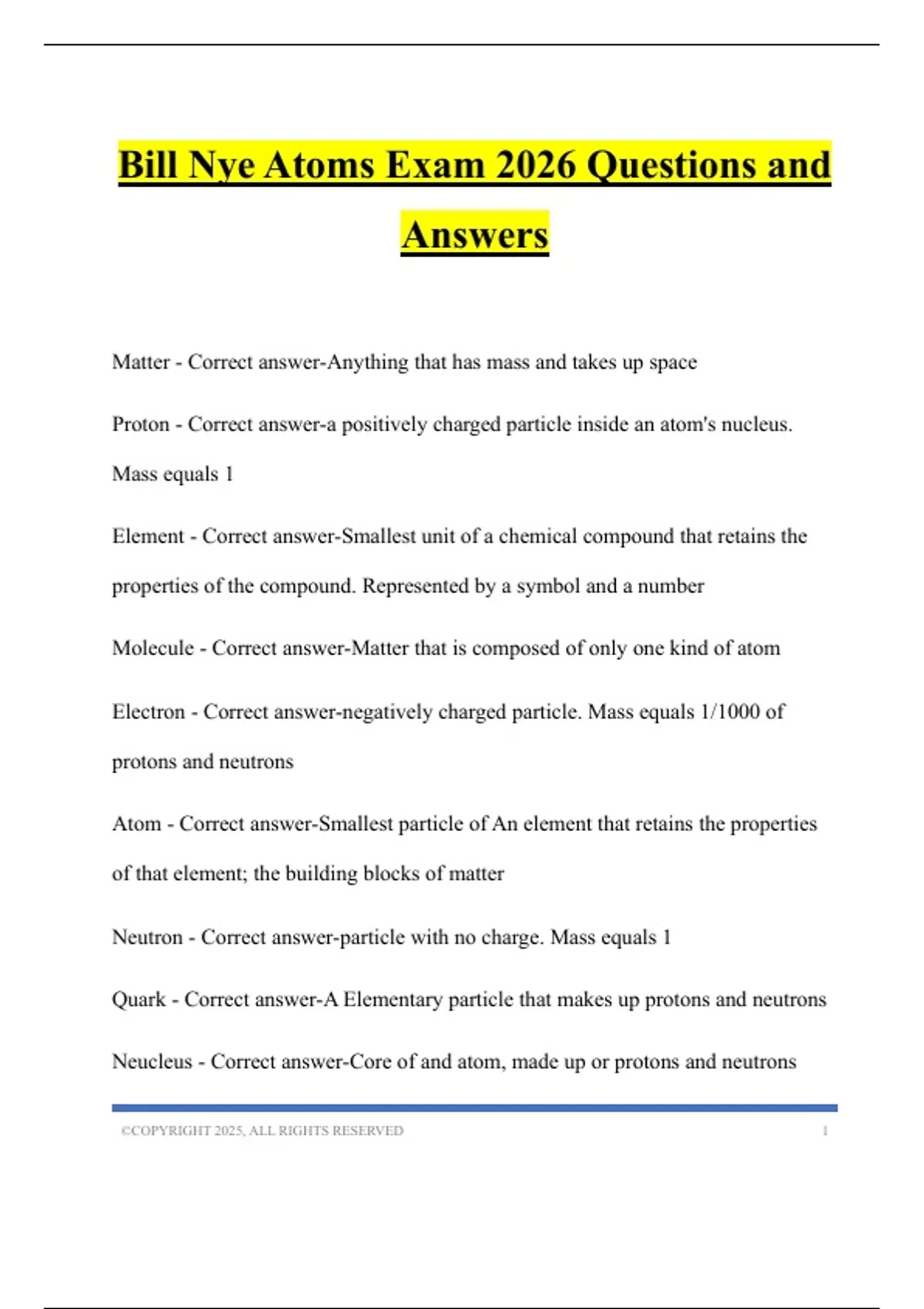 Bill Nye Atoms Exam 2026 Questions and Answers - Bill Nye Atoms - Stuvia US