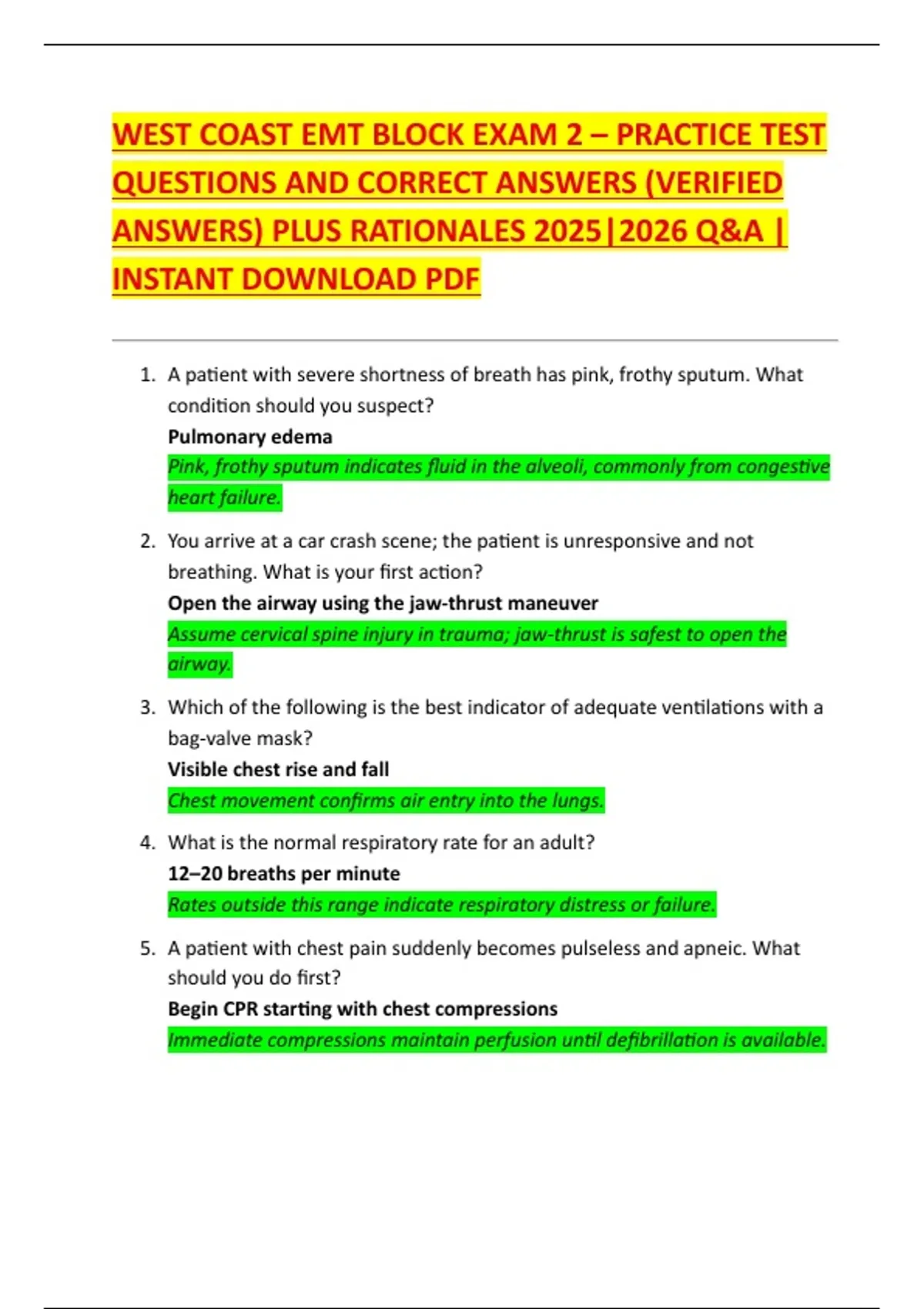 WEST COAST EMT BLOCK EXAM 2 – PRACTICE TEST QUESTIONS AND CORRECT ...