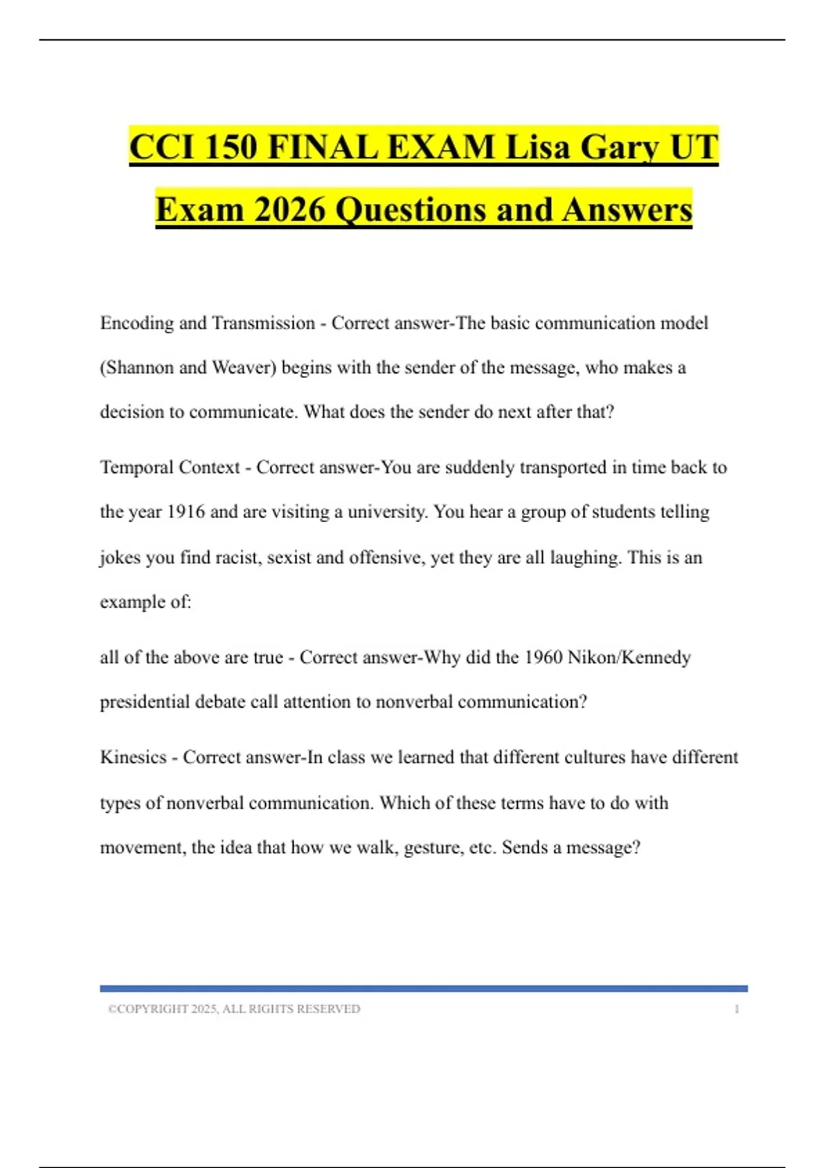 CCI 150 FINAL EXAM Lisa Gary UT Exam 2026 Questions and Answers - CCI ...