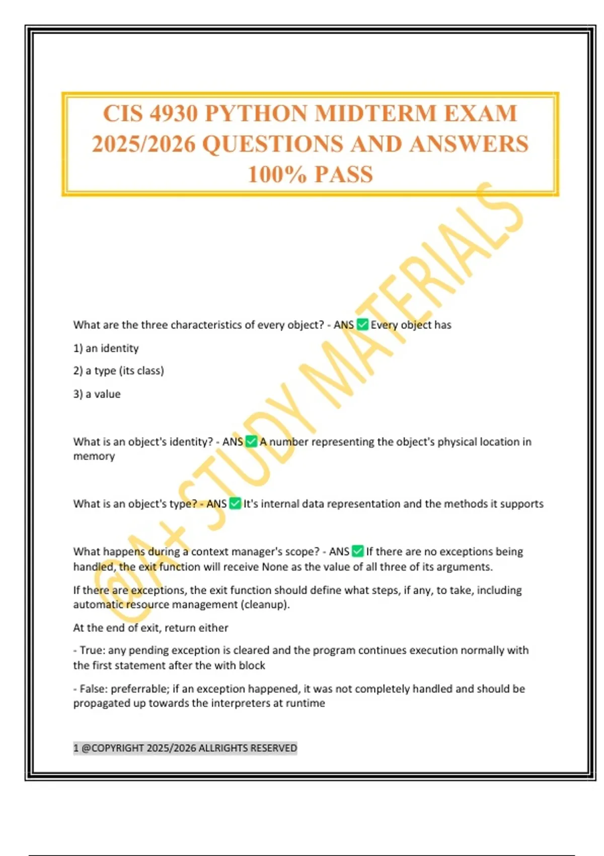 CIS 4930 PYTHON MIDTERM EXAM 2025/2026 QUESTIONS AND ANSWERS 100% PASS ...