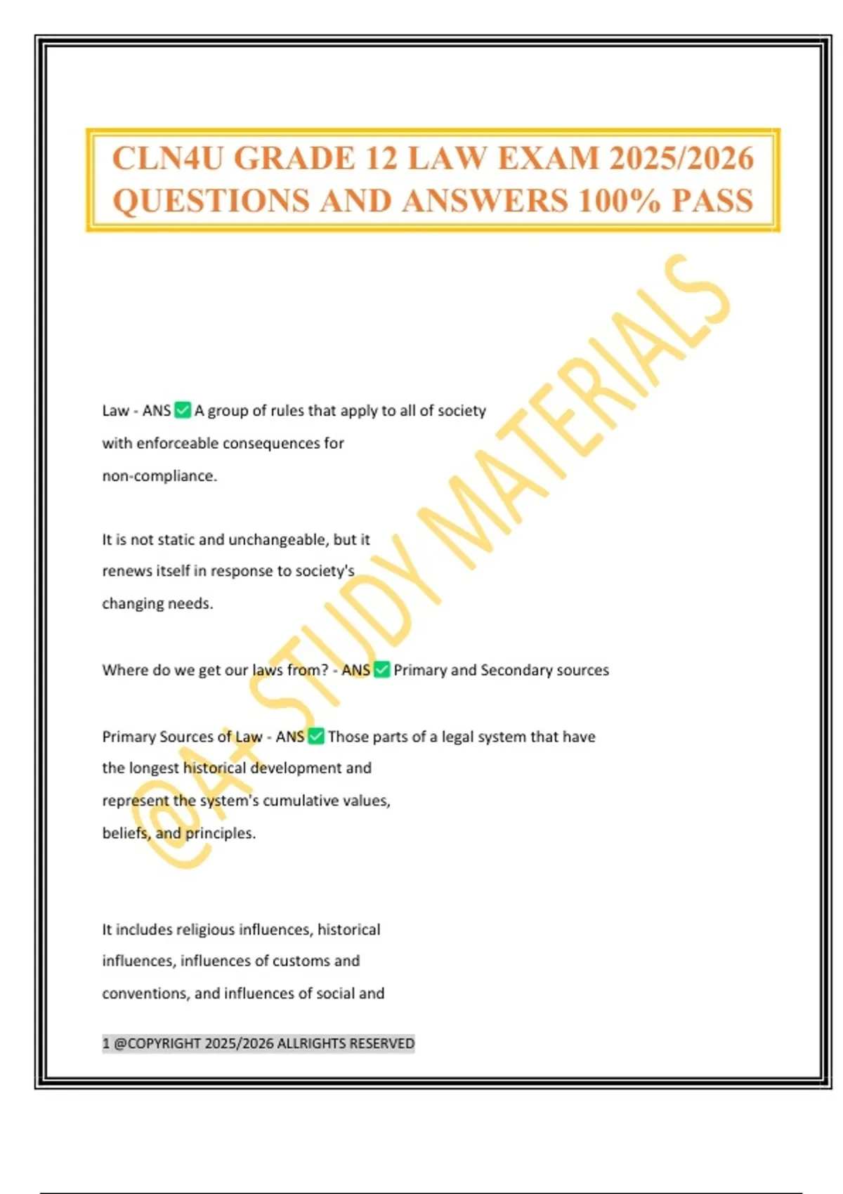 CLN4U GRADE 12 LAW EXAM 2025/2026 QUESTIONS AND ANSWERS 100% PASS ...