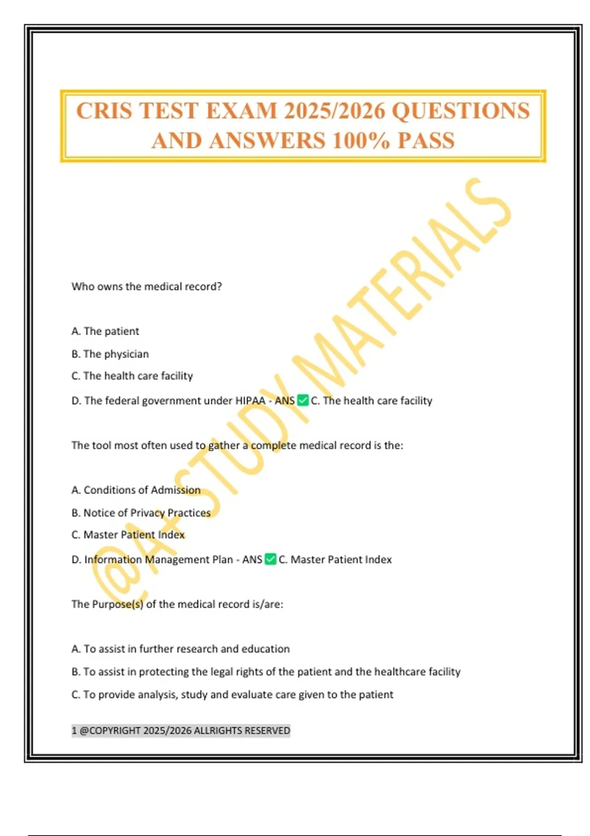 CRIS TEST EXAM 2025/2026 QUESTIONS AND ANSWERS 100% PASS - CRIS - Stuvia US