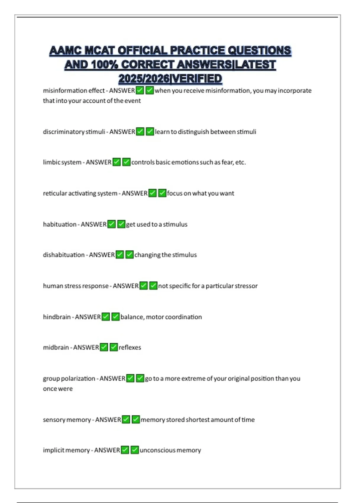AAMC MCAT OFFICIAL PRACTICE QUESTIONS AND 100% CORRECT ANSWERS|LATEST ...