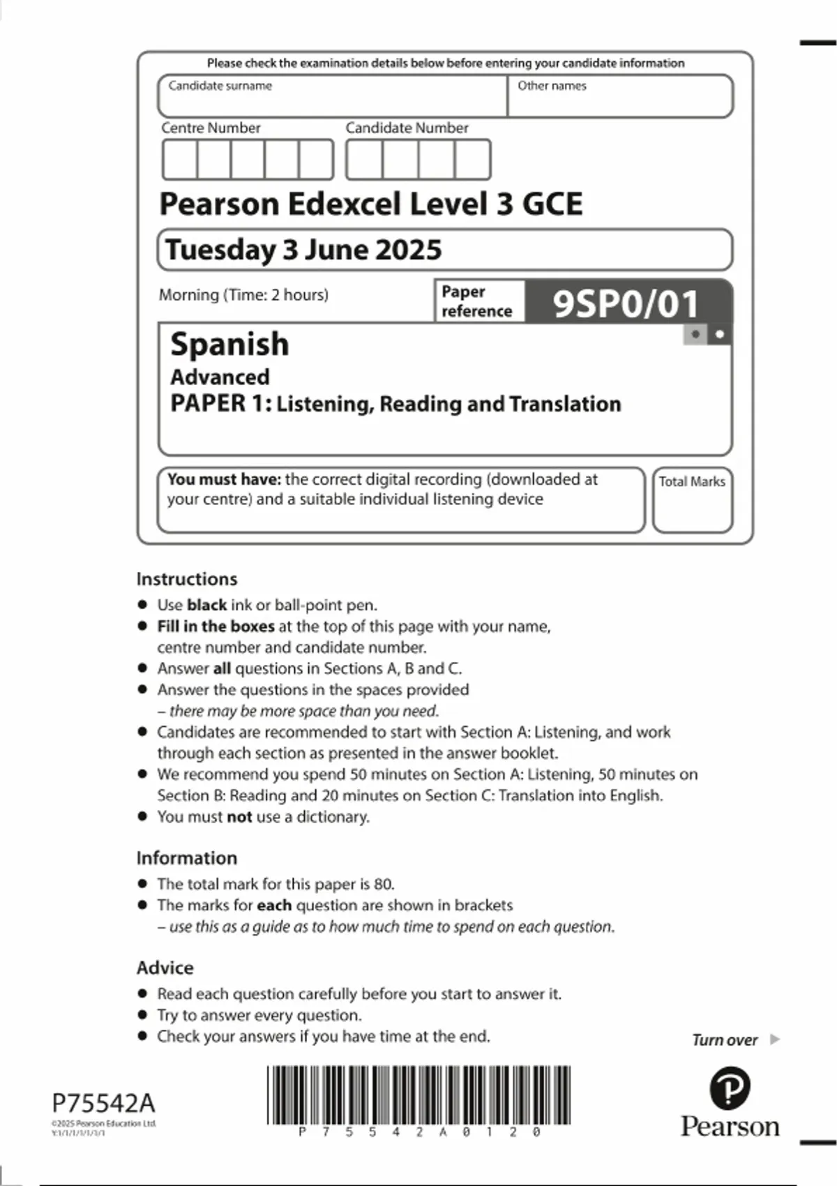 2025 Pearson Edexcel A Level Spanish Paper 1 (9SPO/01: Listening ...