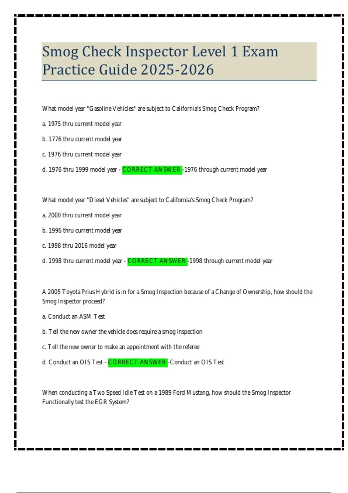 Smog Check Inspector Level 1 Exam Practice Guide - Smog Inspector ...
