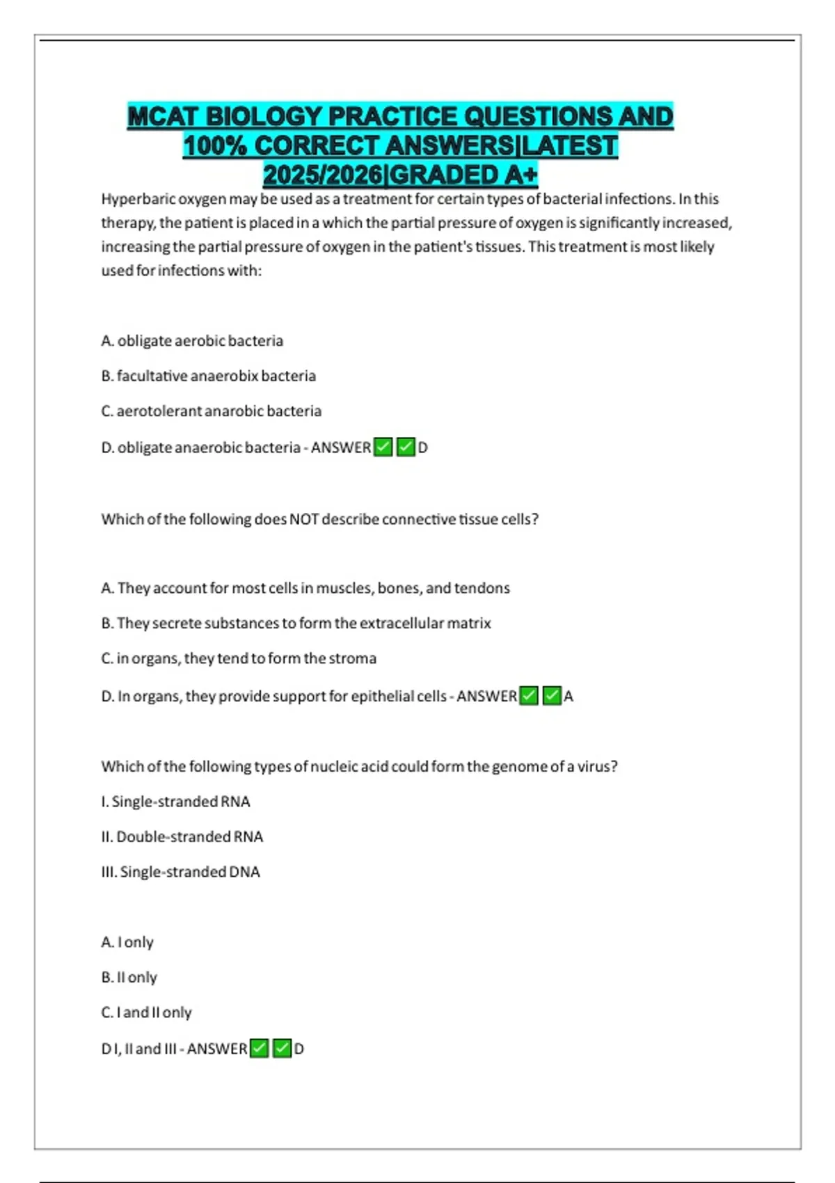 MCAT BIOLOGY PRACTICE QUESTIONS AND 100% CORRECT ANSWERS|LATEST 2025/ ...