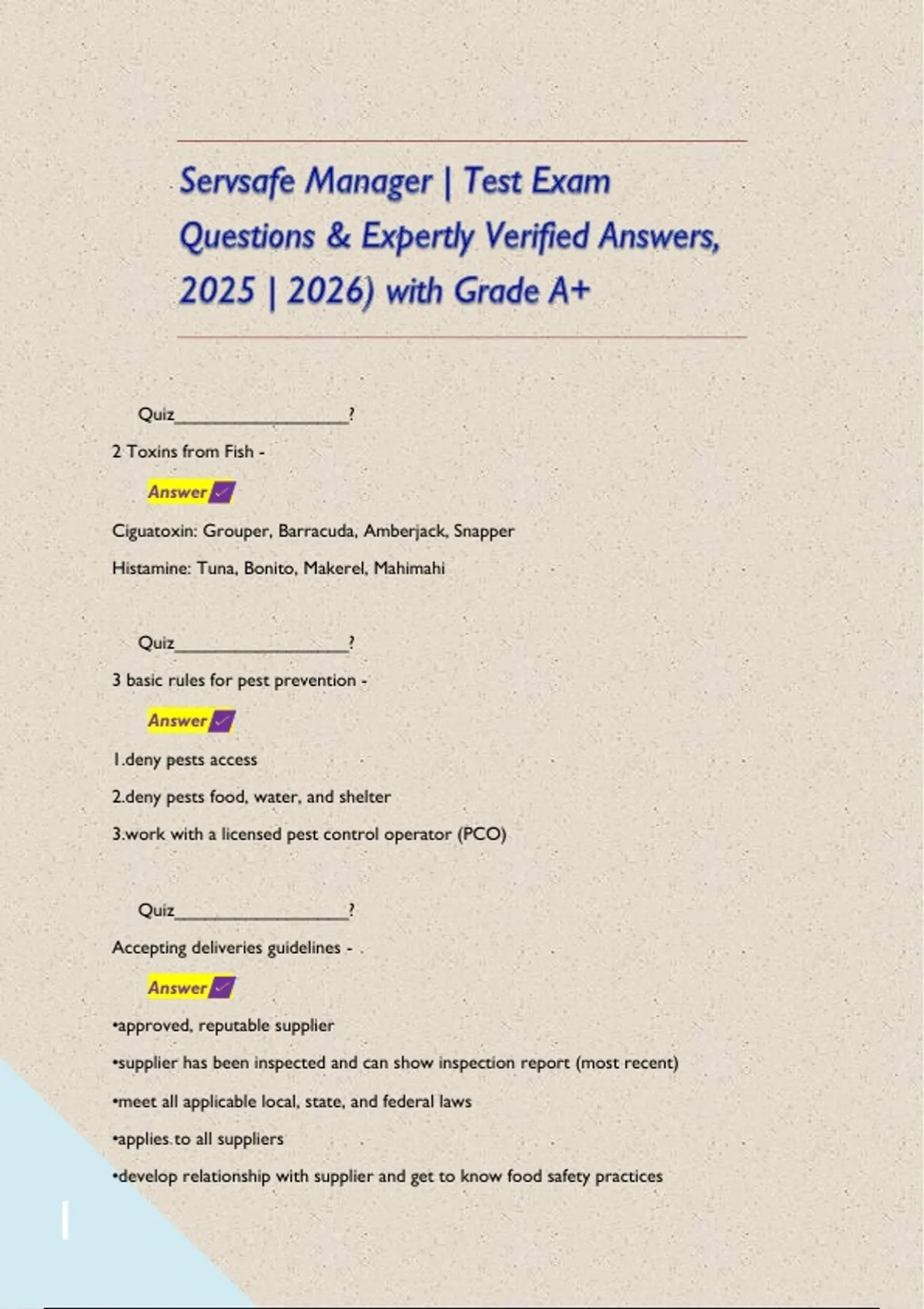 Servsafe Manager | Test Exam Questions & Expertly Verified Answers ...