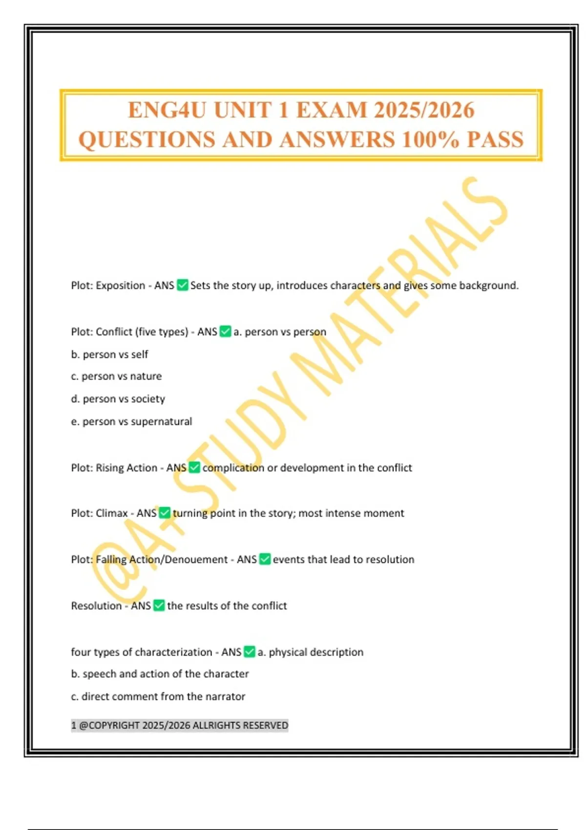 ENG4U UNIT 1 EXAM 2025/2026 QUESTIONS AND ANSWERS 100% PASS - ENG4U ...