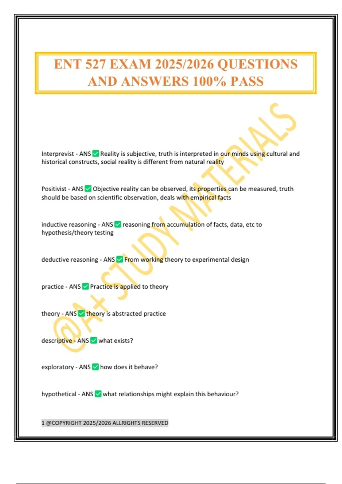 ENT 527 EXAM 2025/2026 QUESTIONS AND ANSWERS 100% PASS - ENT 527 ...