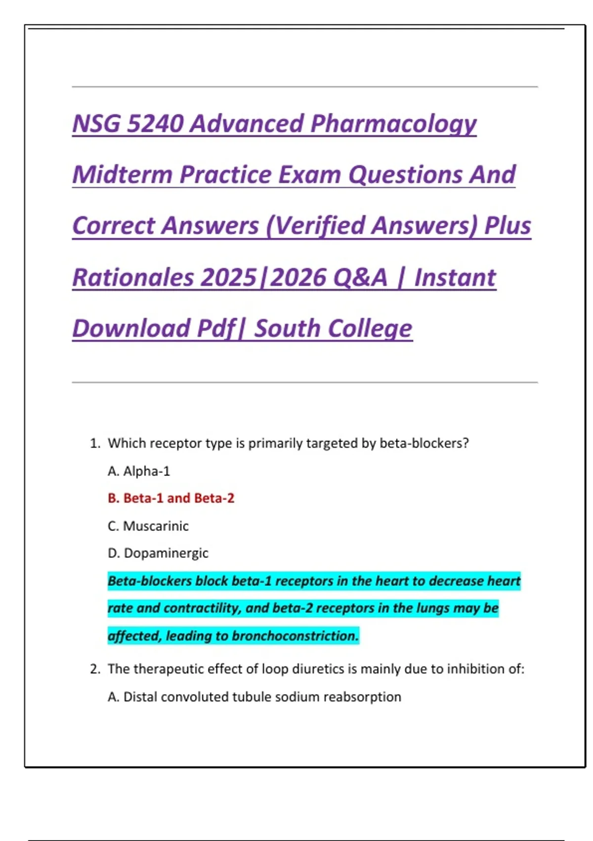 NSG 5240 Advanced Pharmacology Midterm Practice Exam Questions And ...