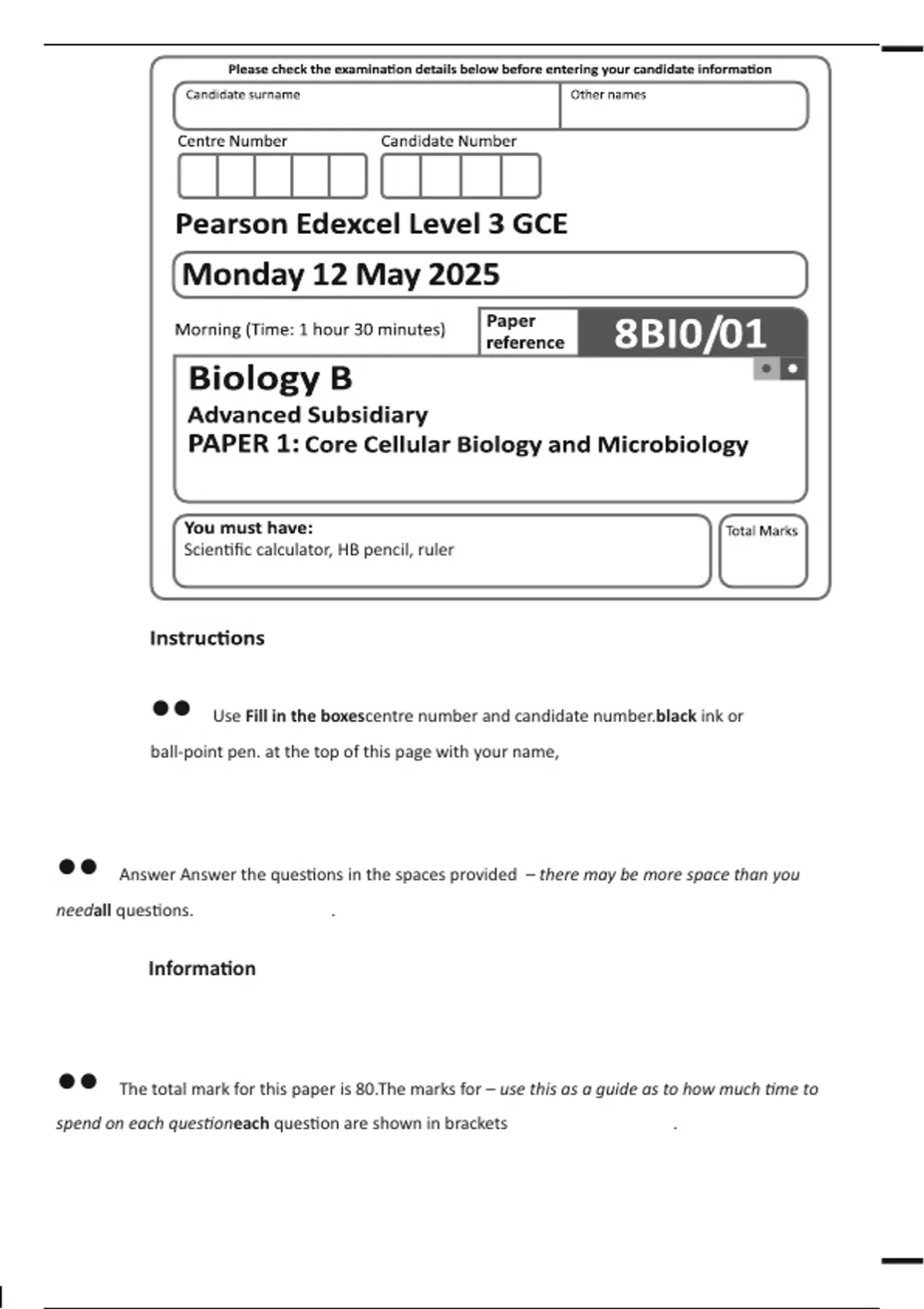 PEARSON EDEXCEL AS BIOLOGY B PAPER 1 QUESTION PAPER 2025 (8BI0/01: Core ...