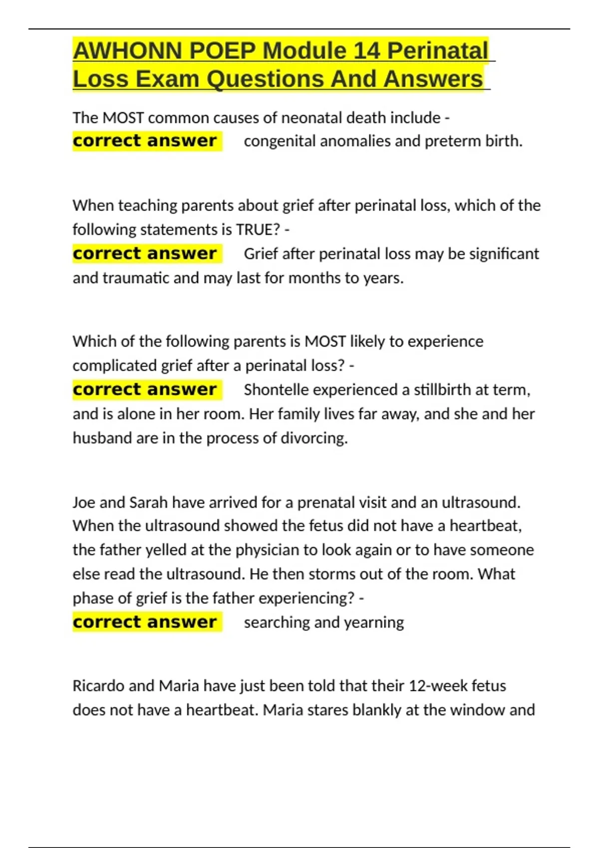 AWHONN POEP Module 14 Perinatal Loss Exam Questions And Answers.docx ...