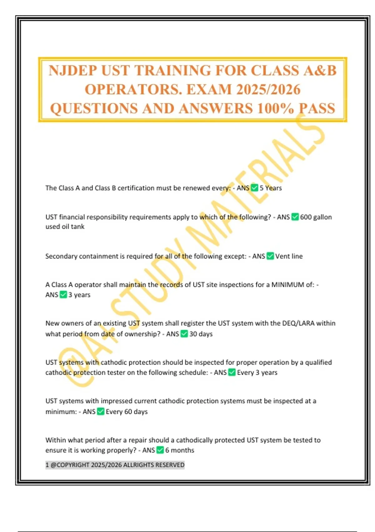 NJDEP UST TRAINING FOR CLASS A&B OPERATORS. EXAM 2025/2026 QUESTIONS ...