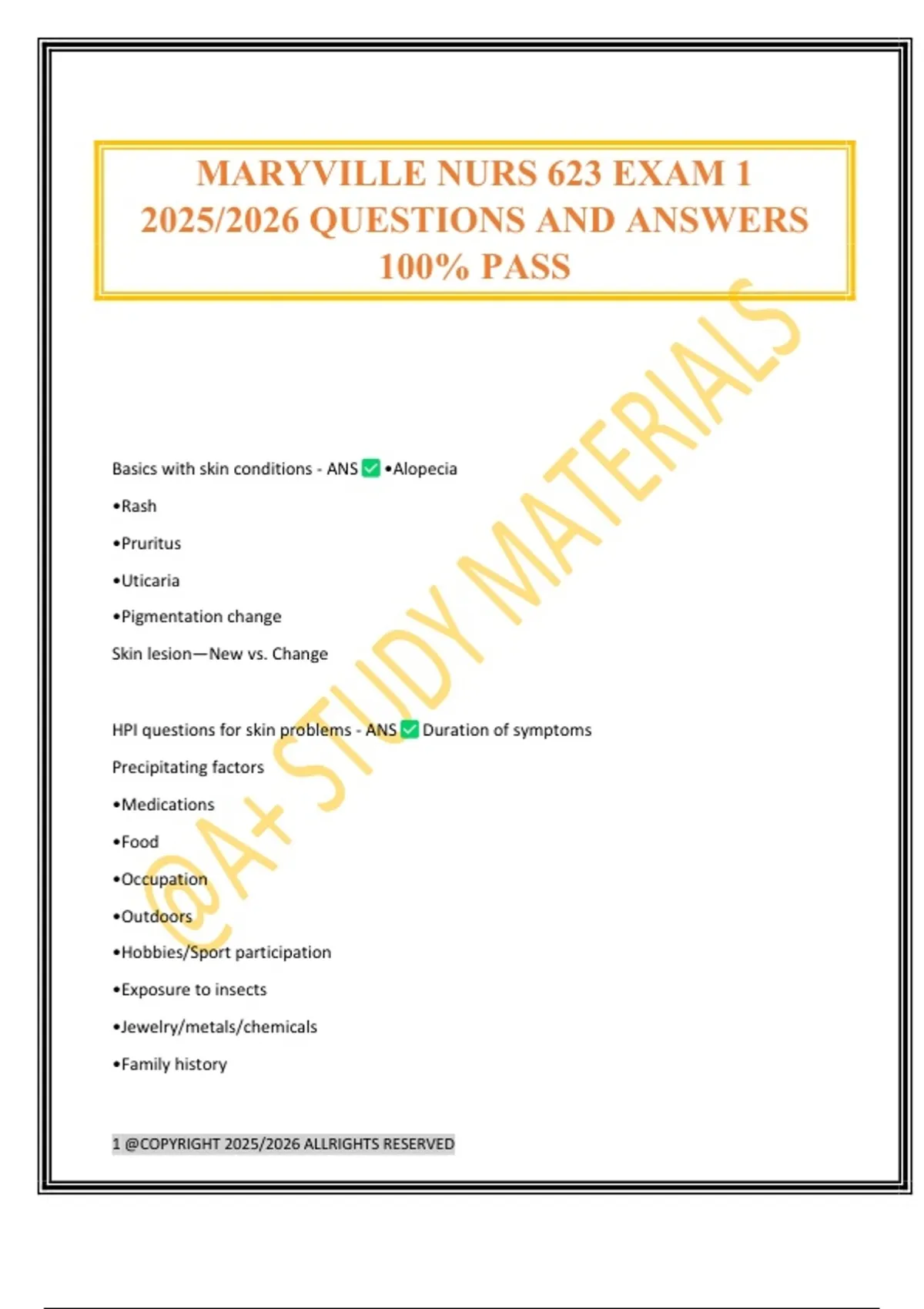 MARYVILLE NURS 623 EXAM 1 2025/2026 QUESTIONS AND ANSWERS 100% PASS ...