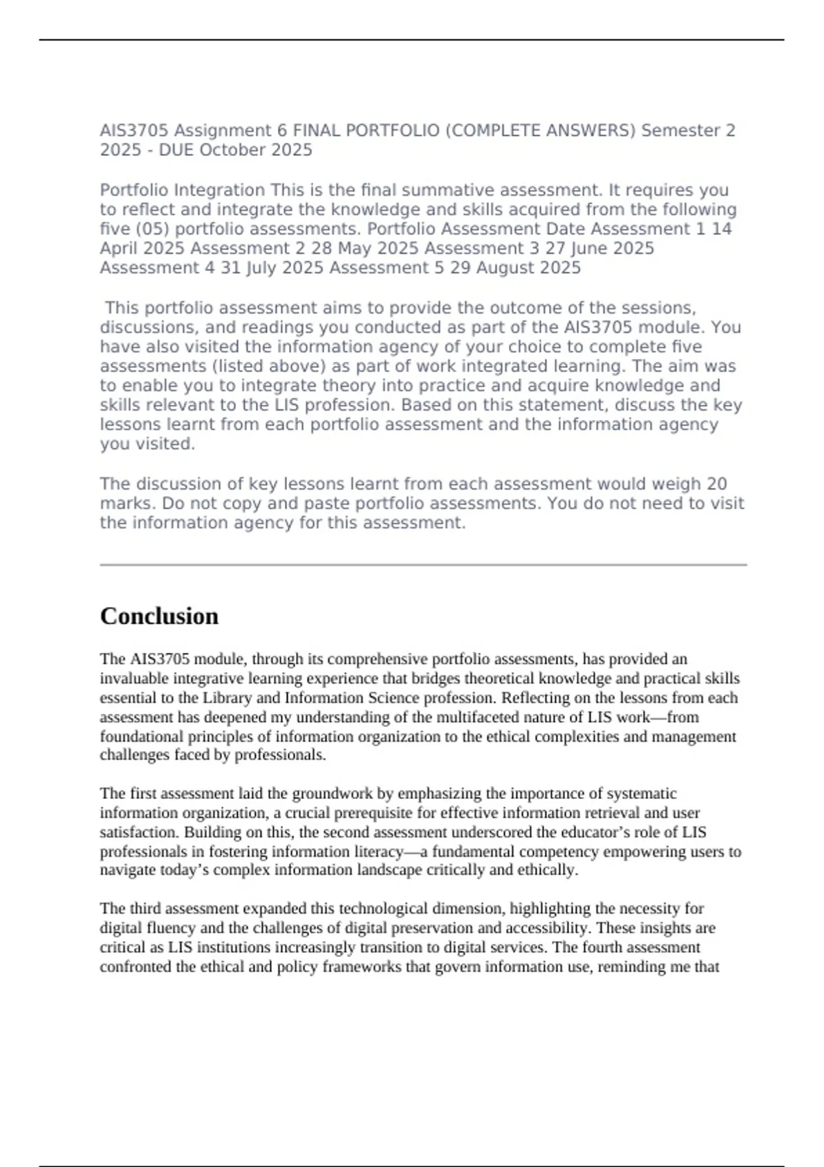 AIS3705 Assignment 6 FINAL PORTFOLIO (COMPLETE ANSWERS) Semester 2 2025 ...