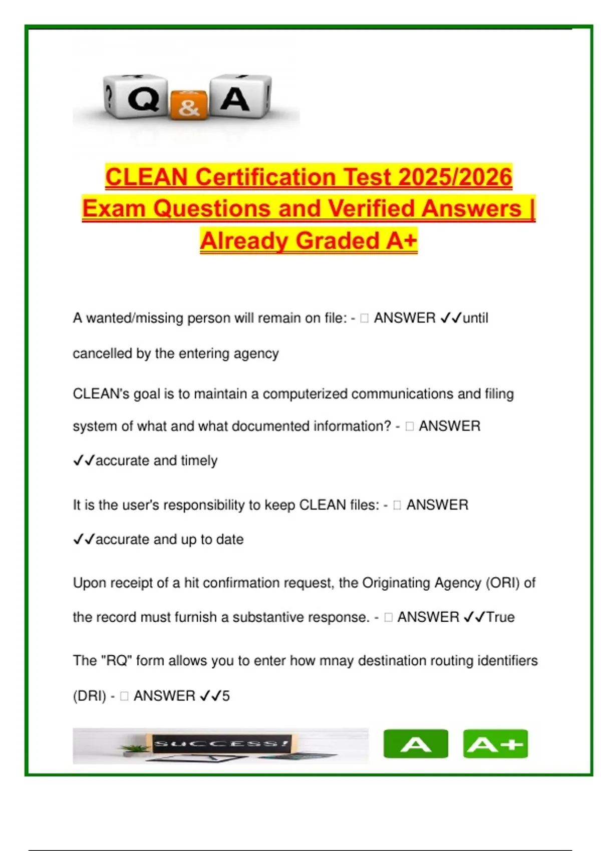CLEAN Certification Test 2025/2026 | 60+ Questions & Verified Answers ...