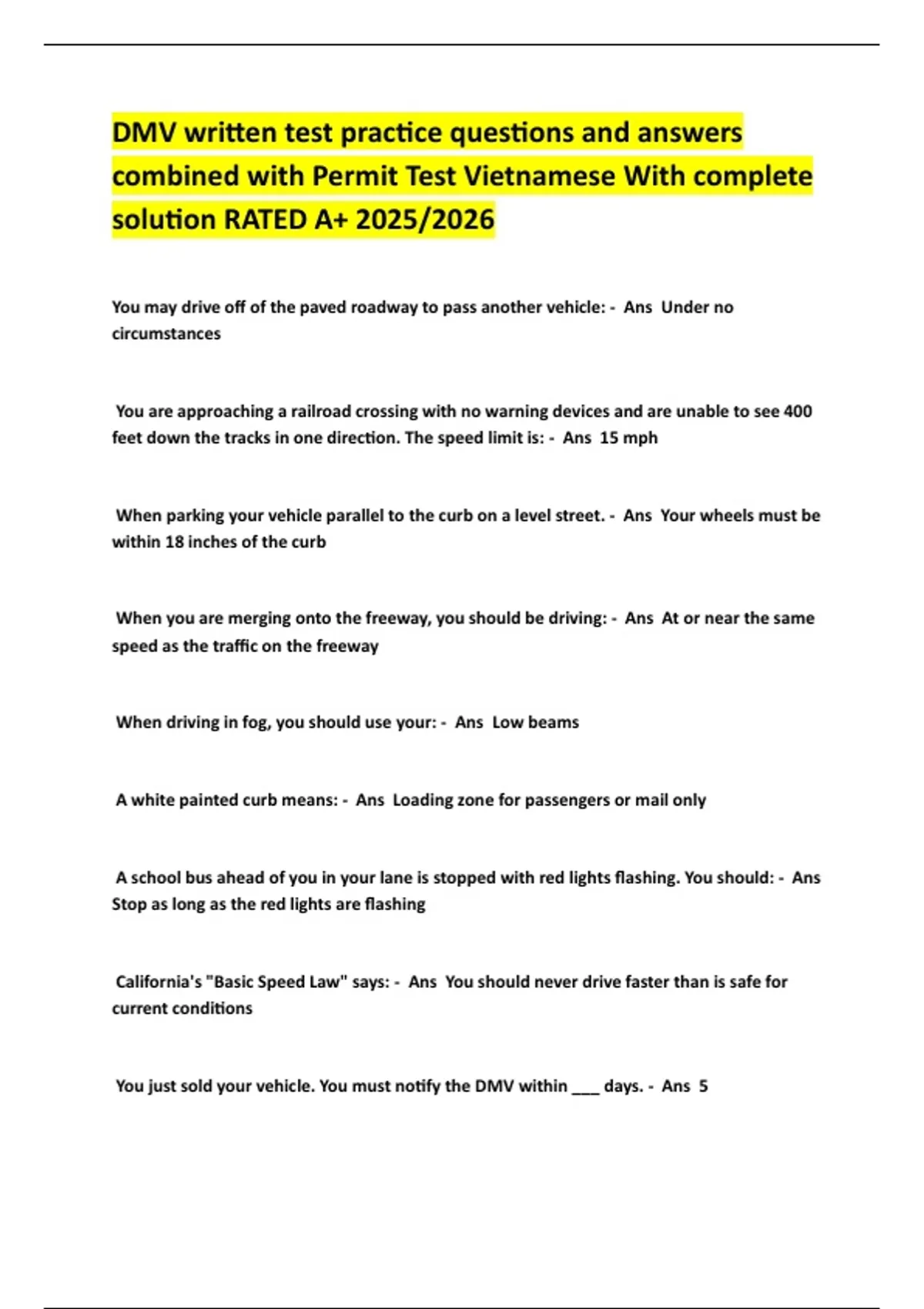 DMV written test practice questions and answers combined with Permit ...