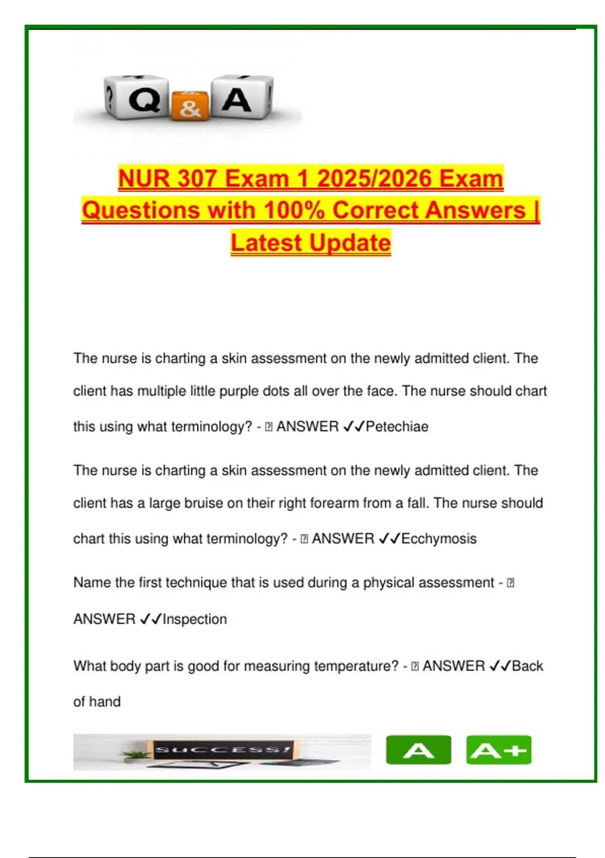 NUR 307 | 100 Exam Questions with Answers | Health Assessment ...