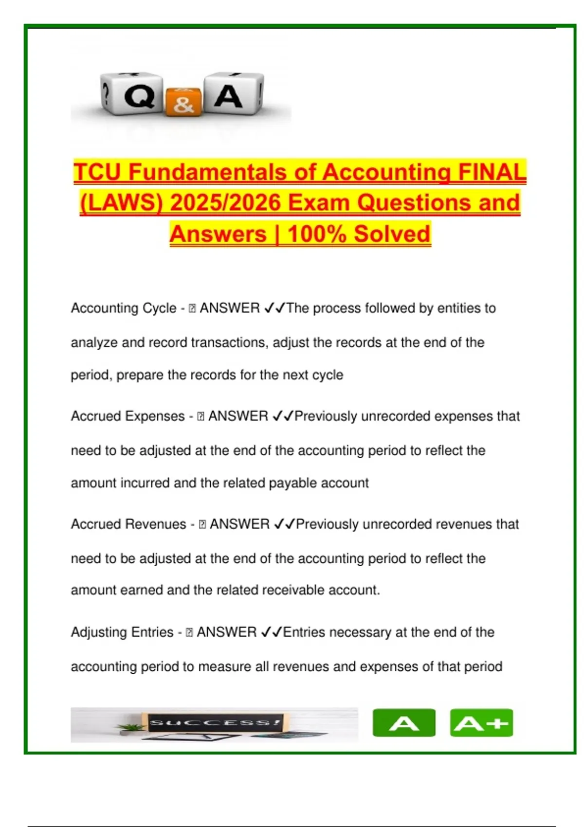 TCU Fundamentals of Accounting FINAL | 100+ Exam Questions with Answers ...