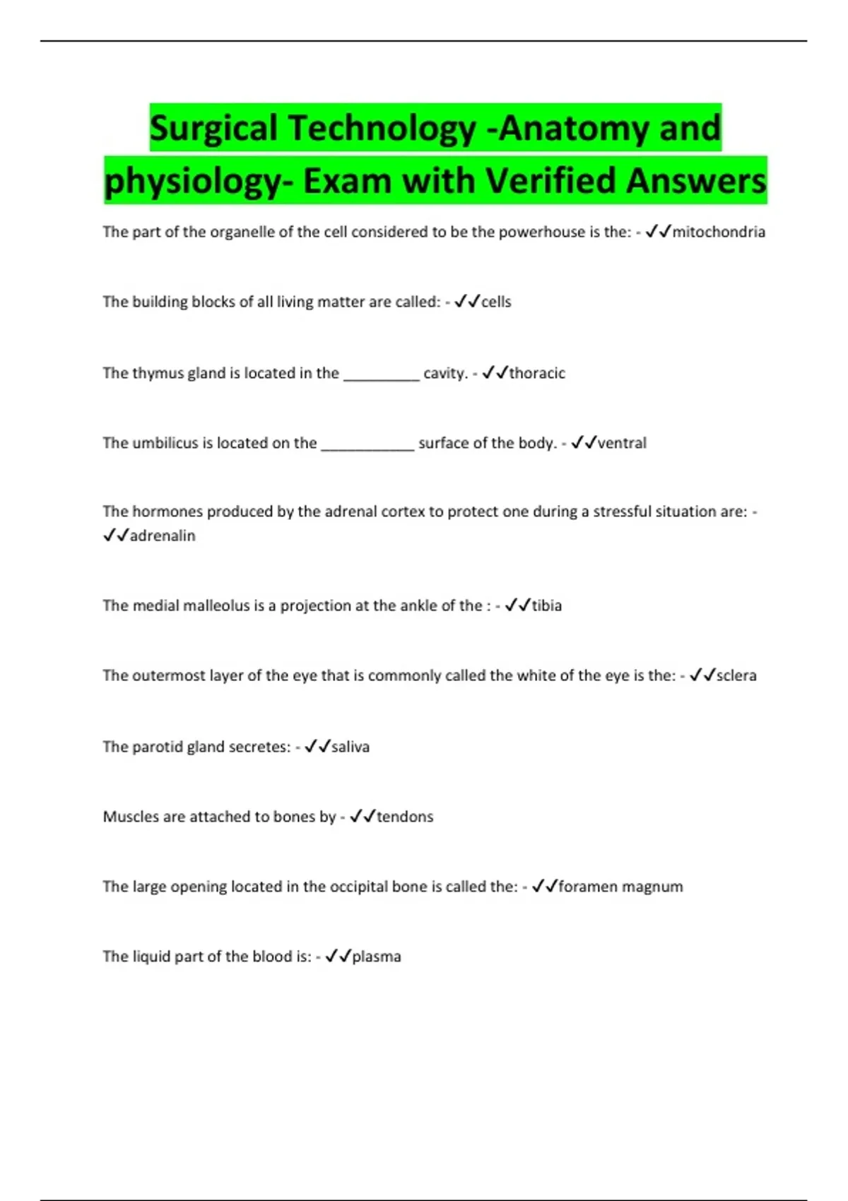 Surgical Technology -Anatomy and physiology- Exam with Verified Answers ...
