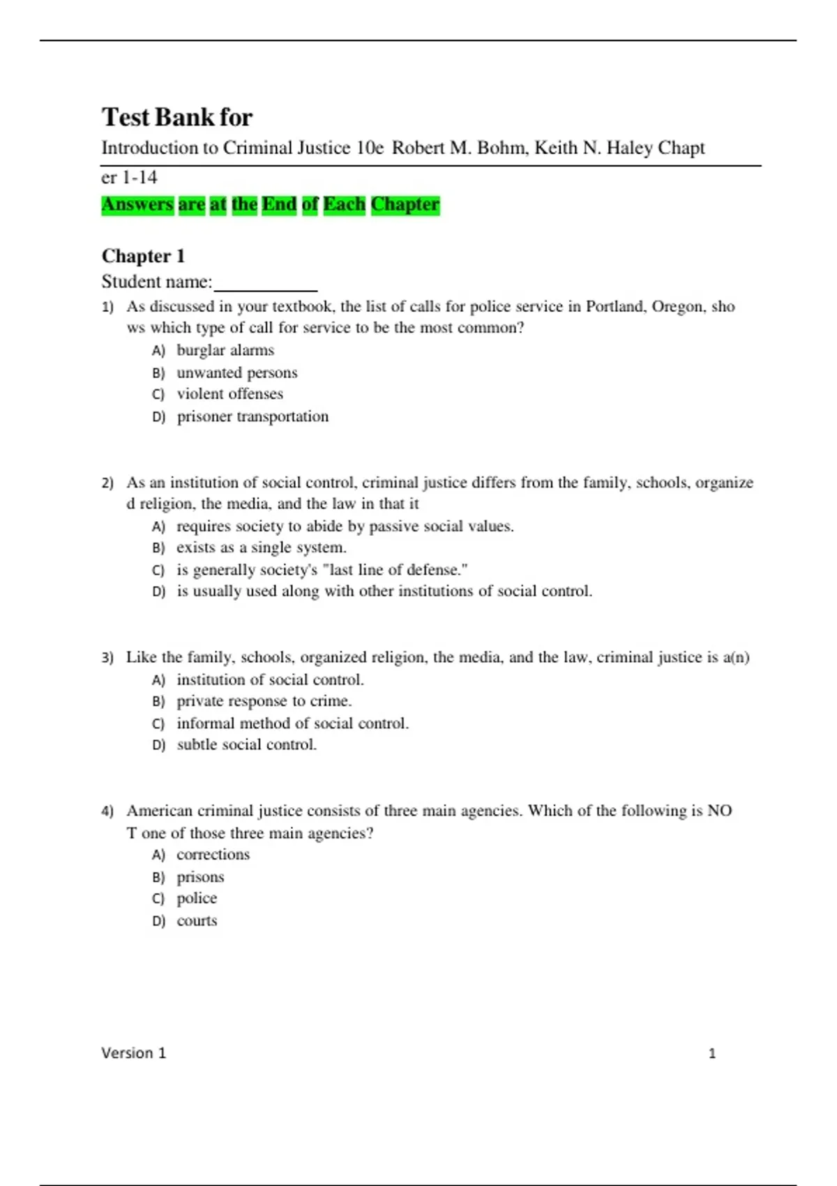 TEST BANK for Introduction to Criminal Justice, 10th Edition by Robert ...