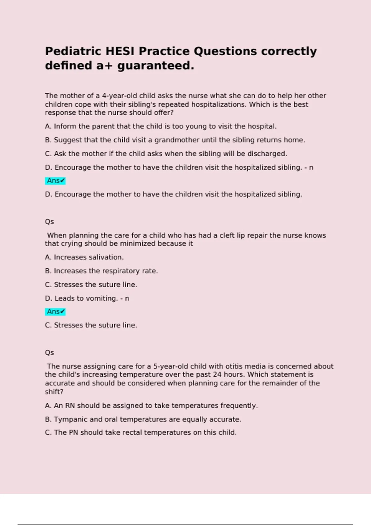 Pediatric HESI Practice Questions correctly defined a+ guaranteed. The ...