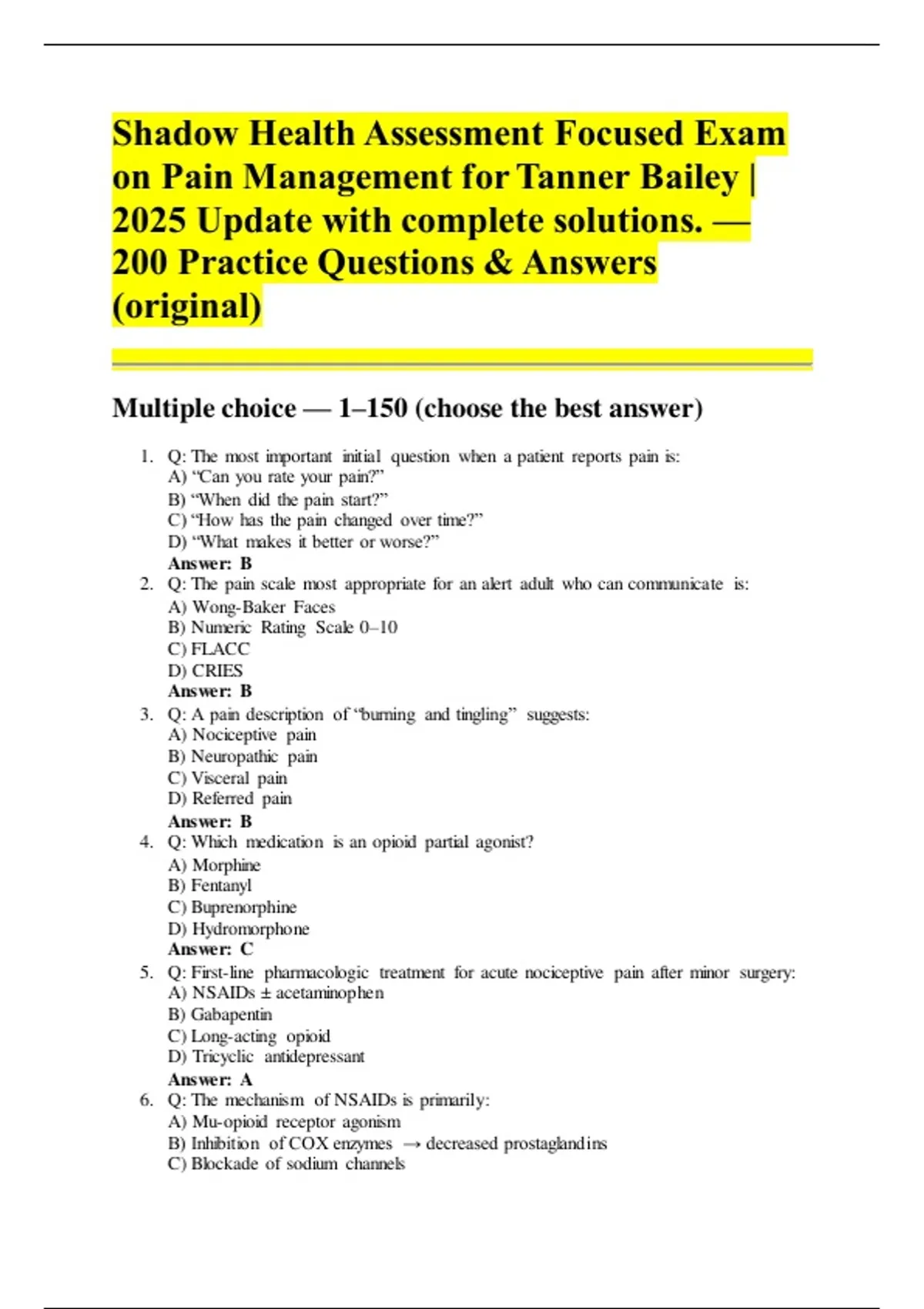 Shadow Health Assessment Focused Exam on Pain Management for Tanner ...